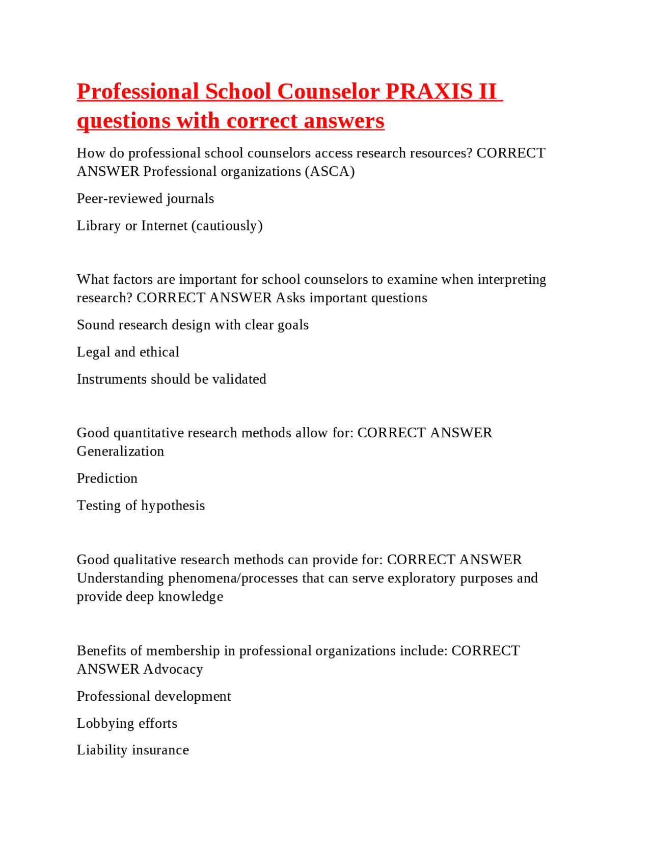 Professional School Counselor PRAXIS II questions with correct answers ...