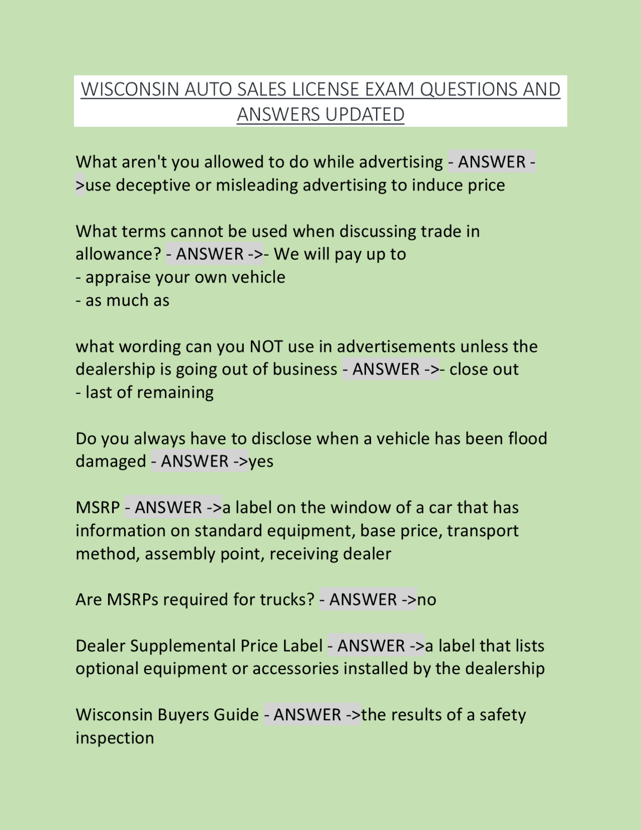 WISCONSIN AUTO SALES LICENSE EXAM QUESTIONS AND ANSWERS UPDATED | Exams ...