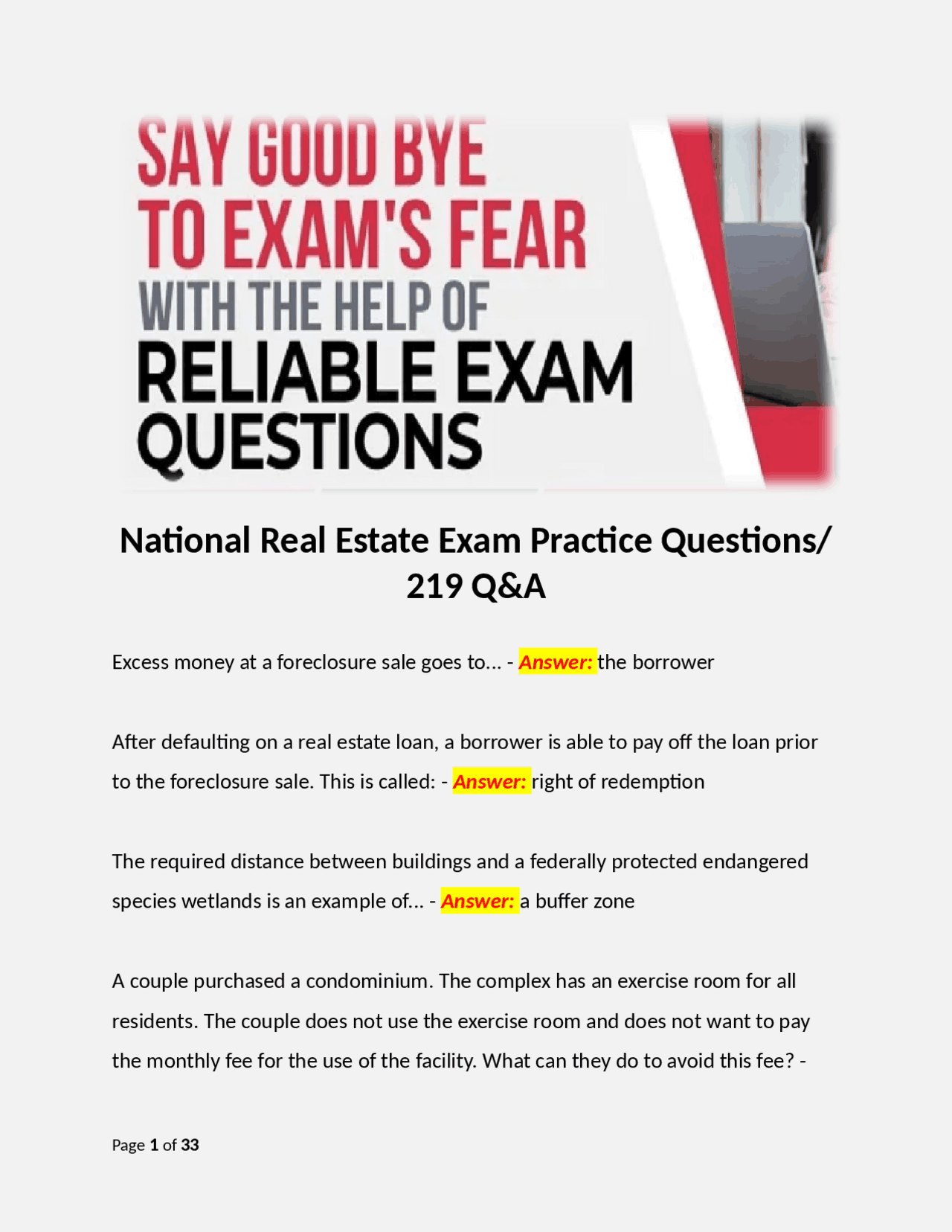 National Real Estate Exam Practice Questions: 219 Q&A | Exams Nursing ...