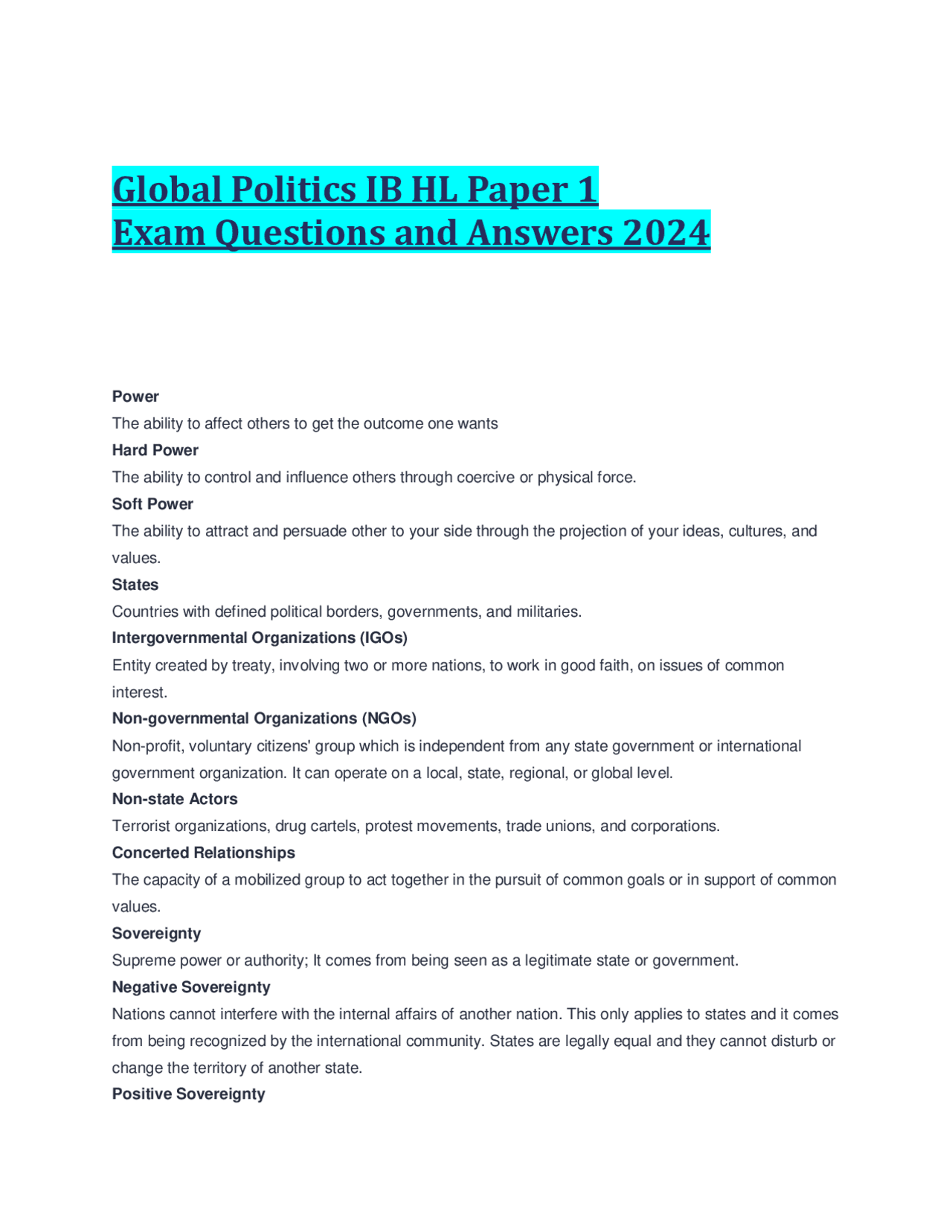Global Politics IB HL Paper 1 Exam Questions and Answers 2024 | Study ...