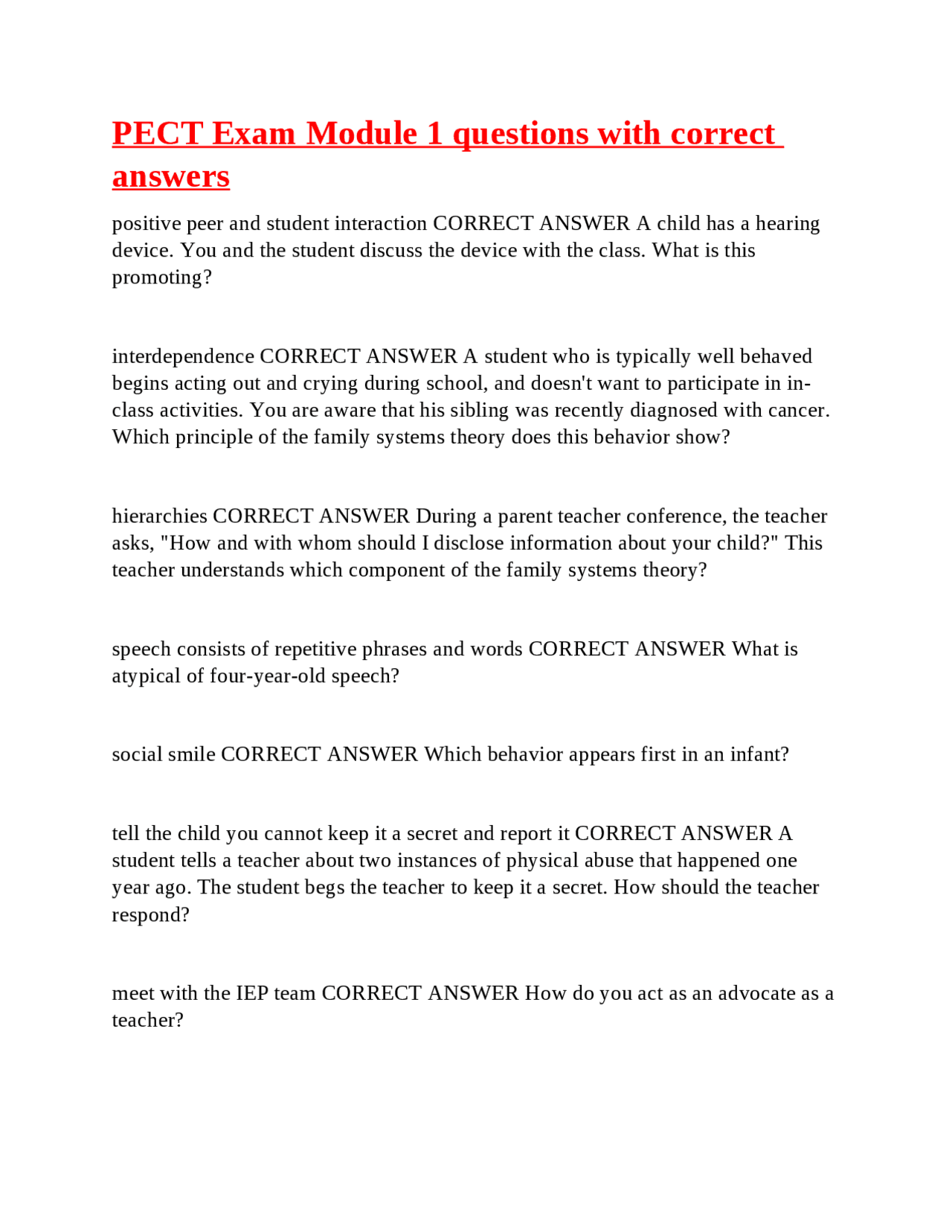 PECT Exam Module 1 questions with correct answers | Exams Nursing | Docsity