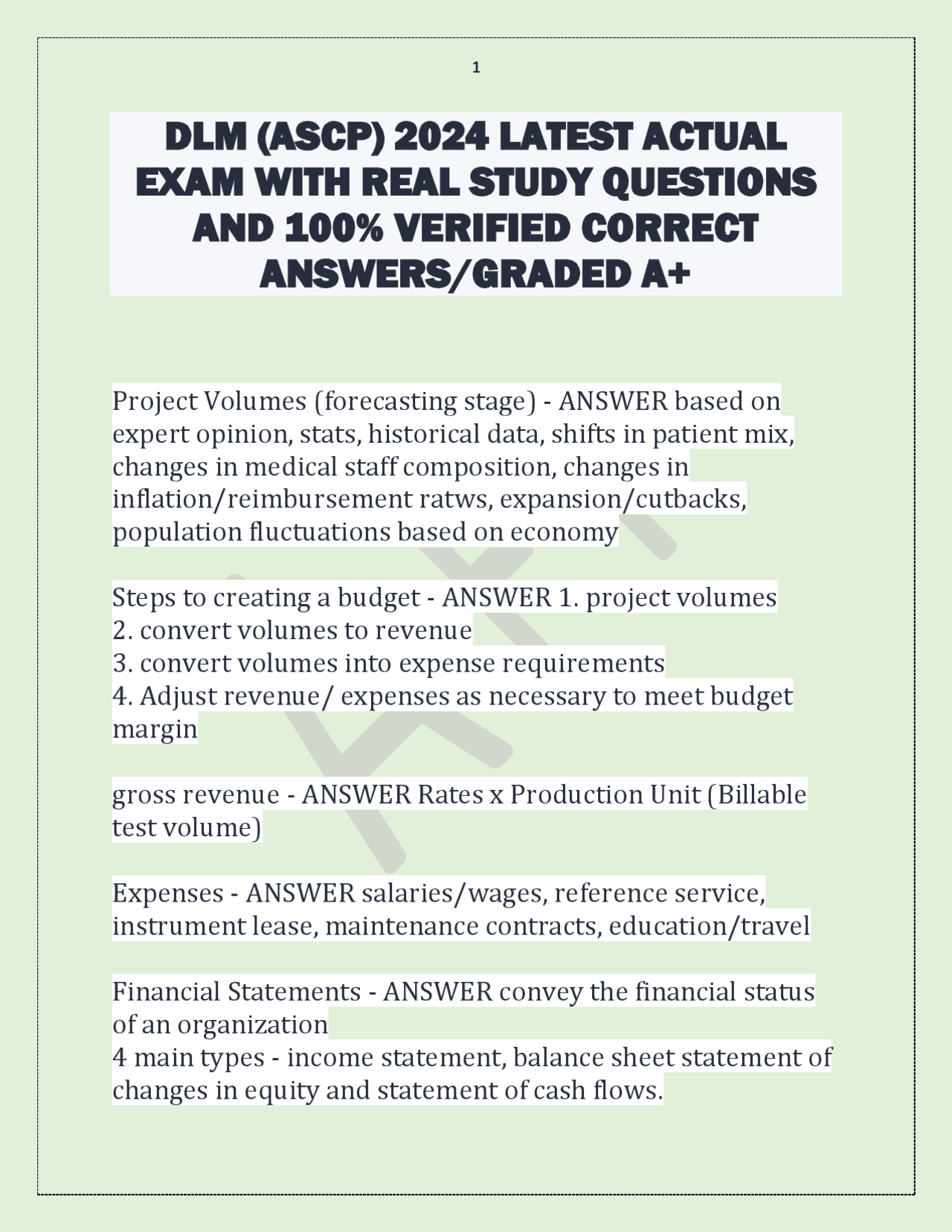 DLM (ASCP) 2024 LATEST ACTUAL EXAM WITH REAL STUDY QUESTIONS AND ...