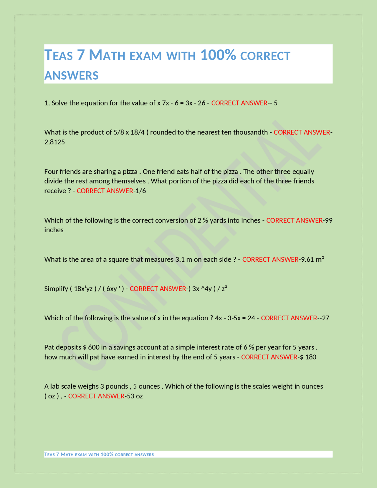 TEAS 7 MATH EXAM WITH 100% CORRECT ANSWERS. | Exercises Nursing | Docsity