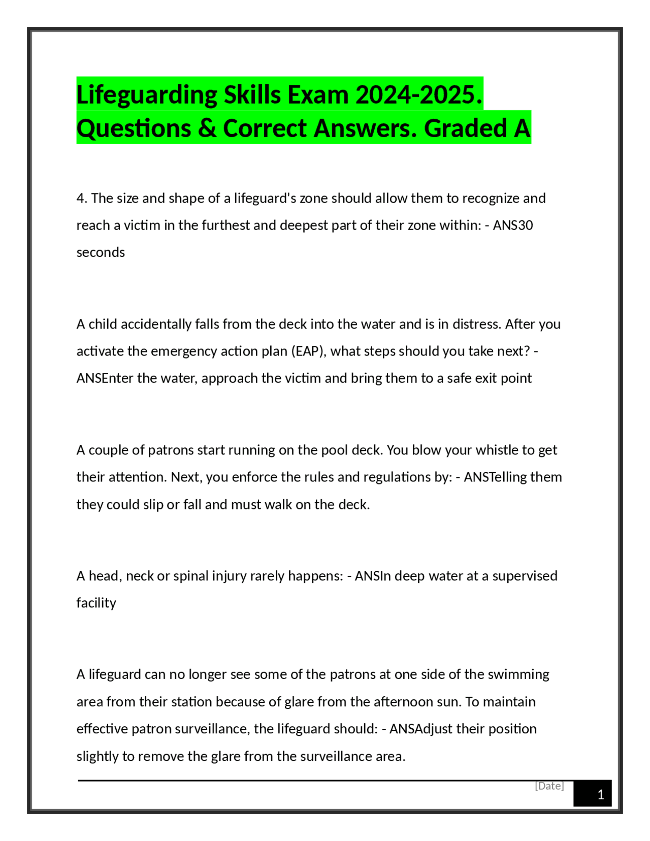 Lifeguarding Skills Exam 2024-2025. Questions & Correct Answers. Graded ...