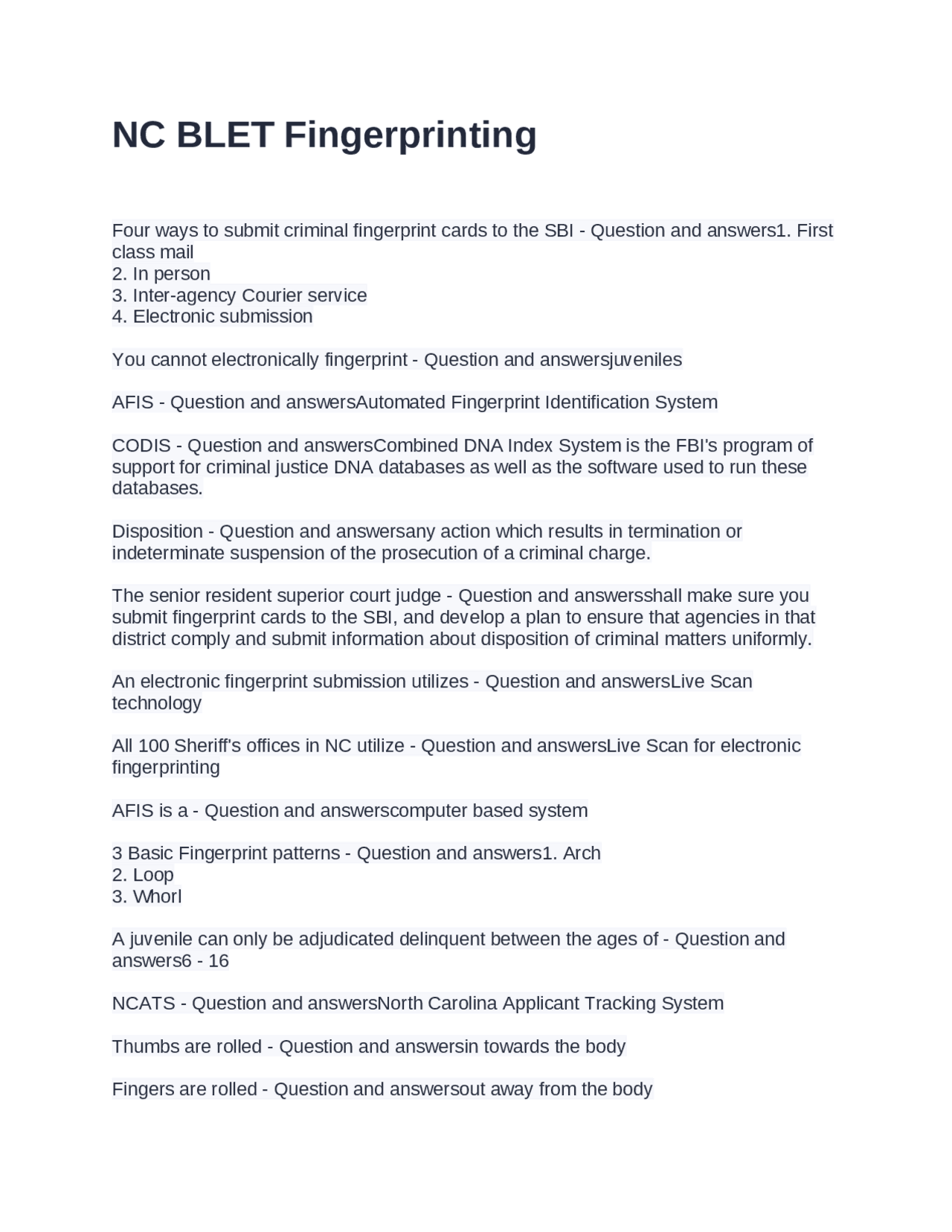 NC BLET Fingerprinting Exam with Questions and Correct Answers | Exams ...