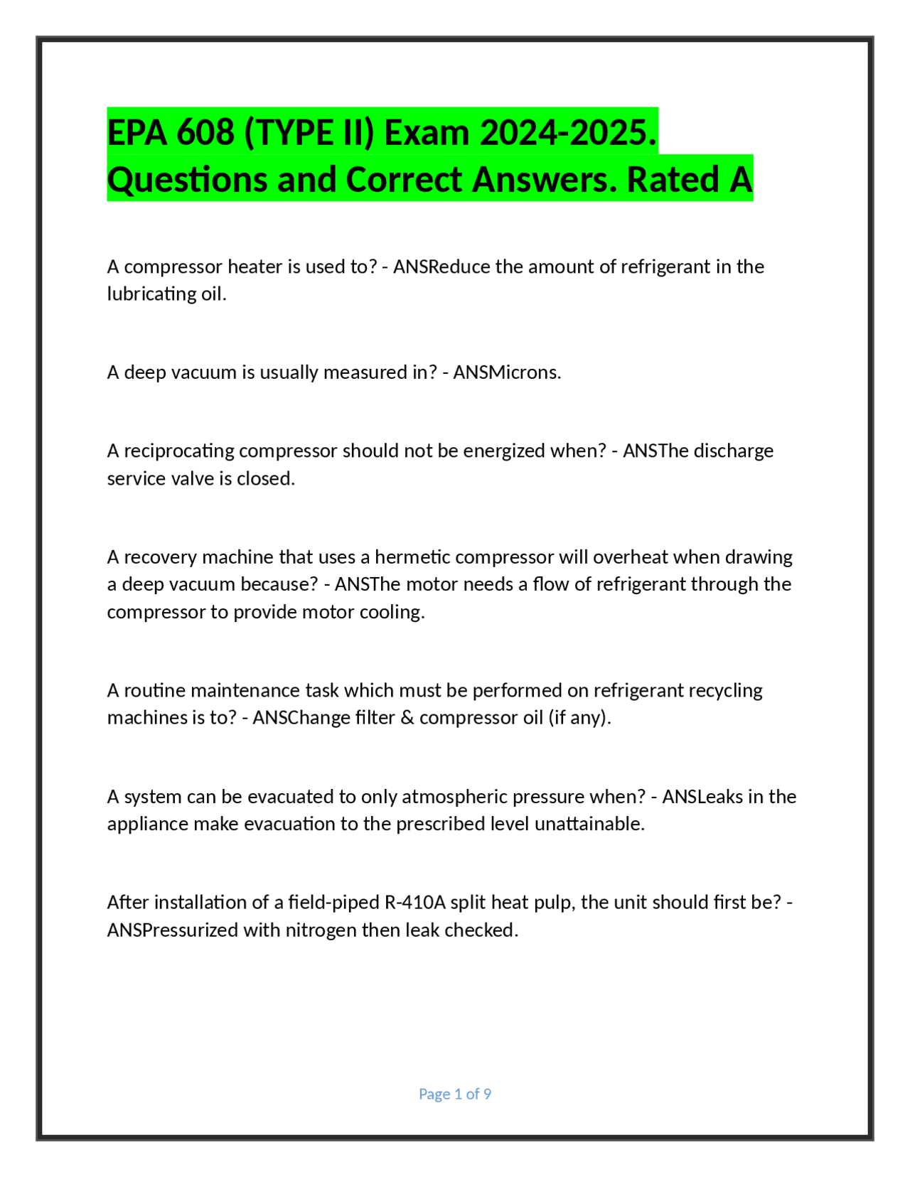 EPA 608 (TYPE II) Exam 2024-2025. Questions and Correct Answers. Rated ...