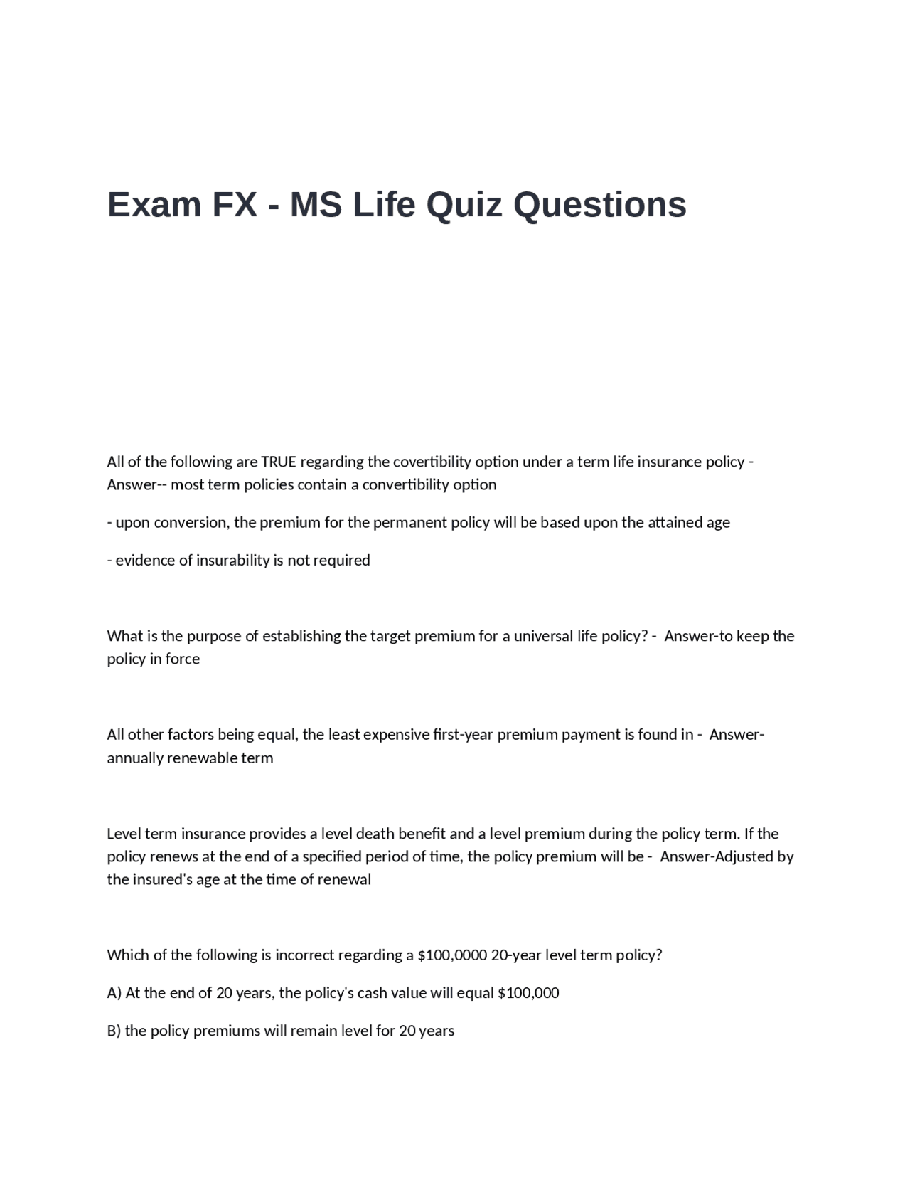 Exam FX - MS Life Quiz Questions and Answers | Exams Nursing | Docsity