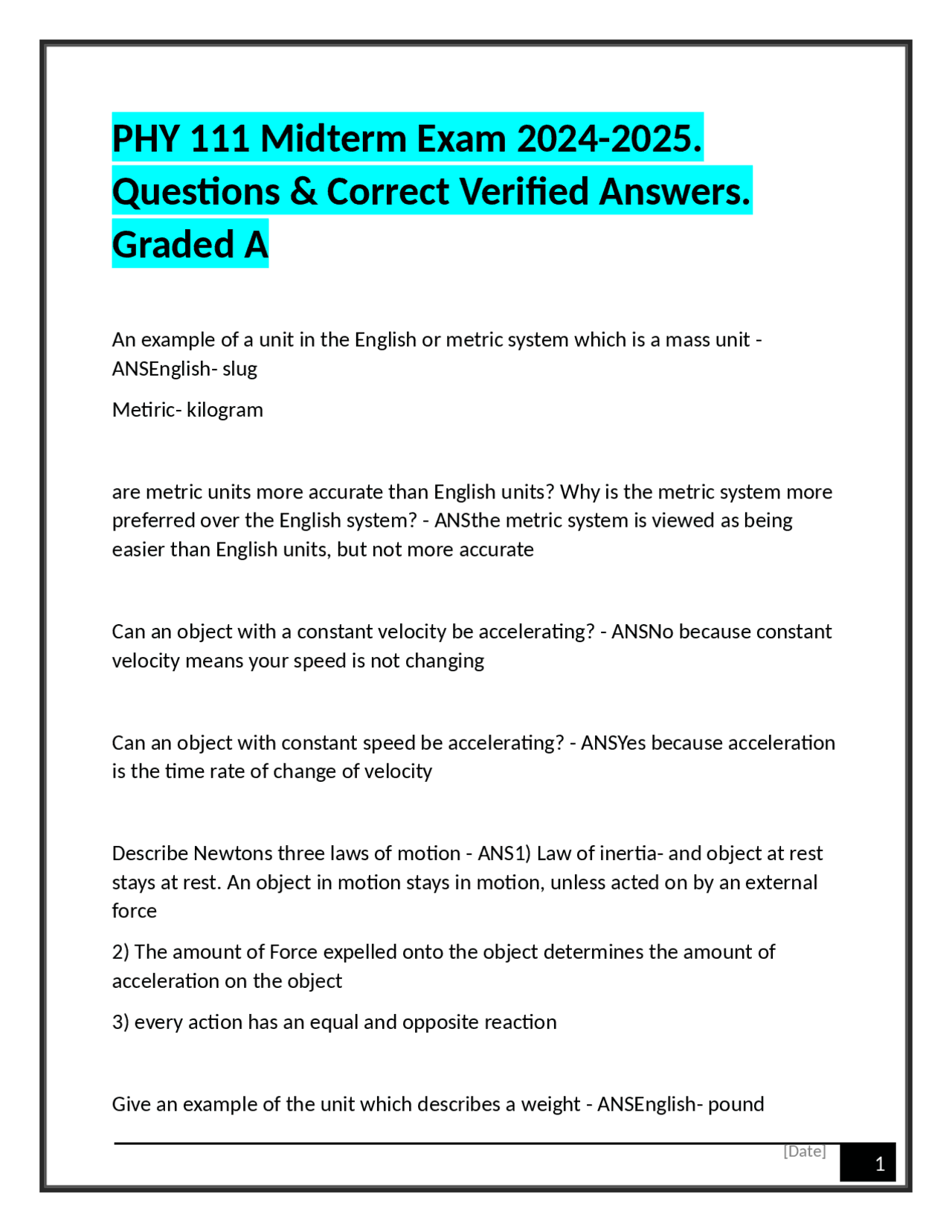 PHY 111 Midterm Exam 2024-2025. Questions & Correct Verified Answers. Graded A | Exams Physics ...