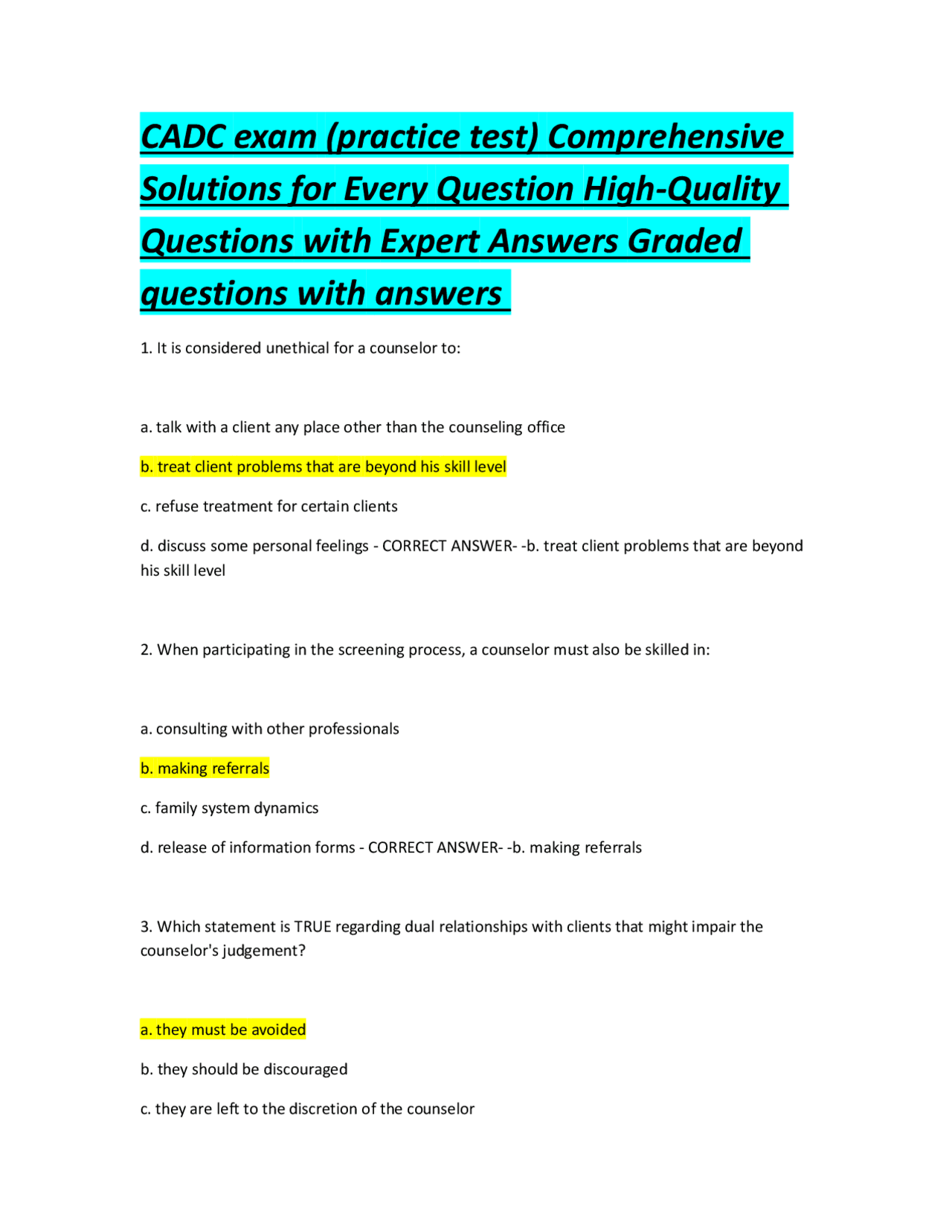 CADC Exam Practice Test: Comprehensive Questions and Answers | Exams ...