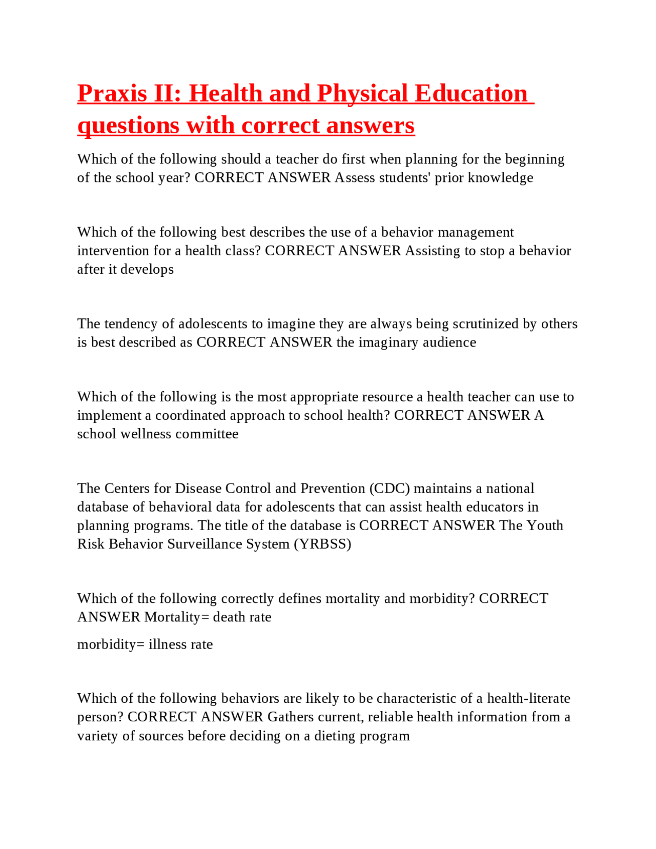 Praxis II: Health and Physical Education questions with correct answers ...