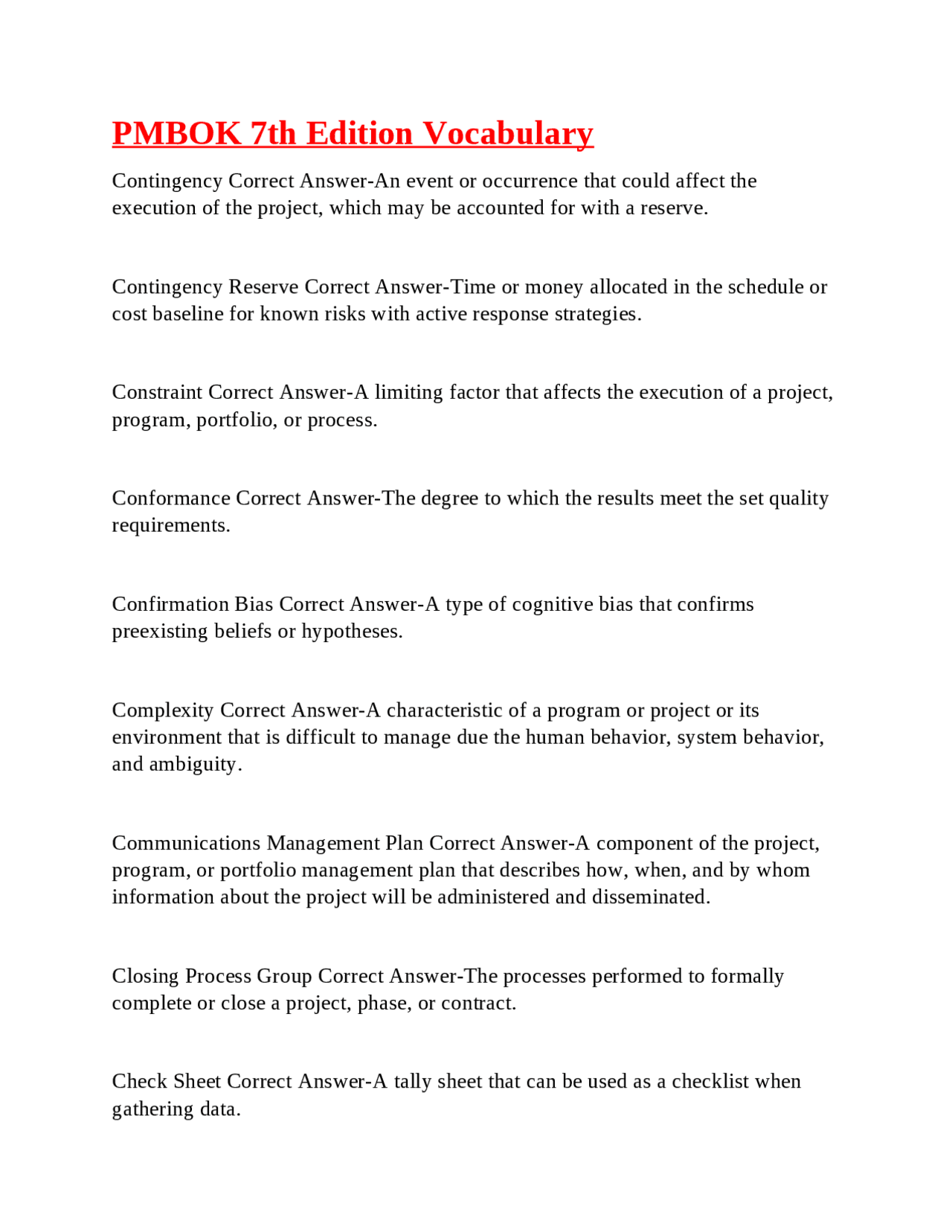 PMBOK 7th Edition Vocabulary | Exams Project Management | Docsity