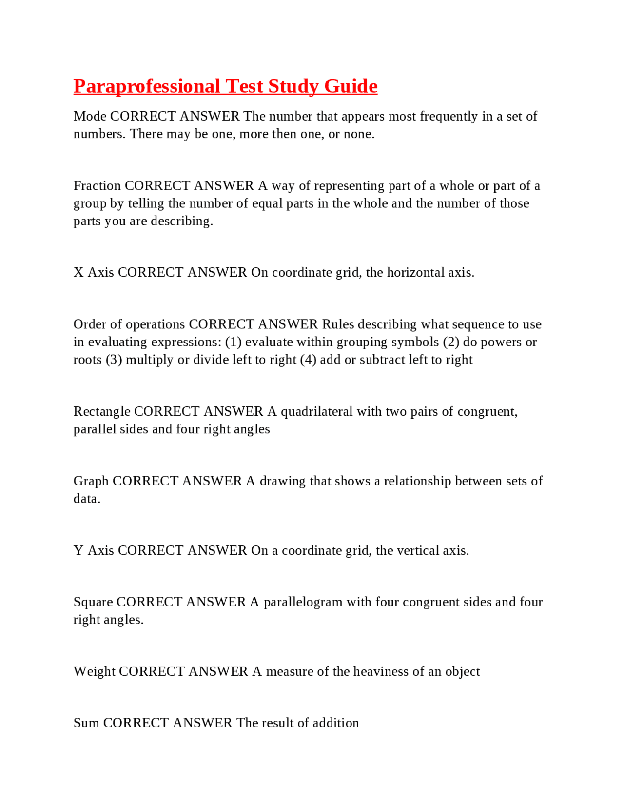 Paraprofessional Test Study Guide | Exams Nursing | Docsity