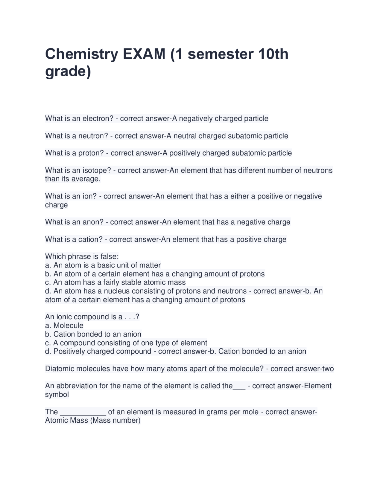 Chemistry EXAM (1 semester 10th grade) | Exams Advanced Education | Docsity