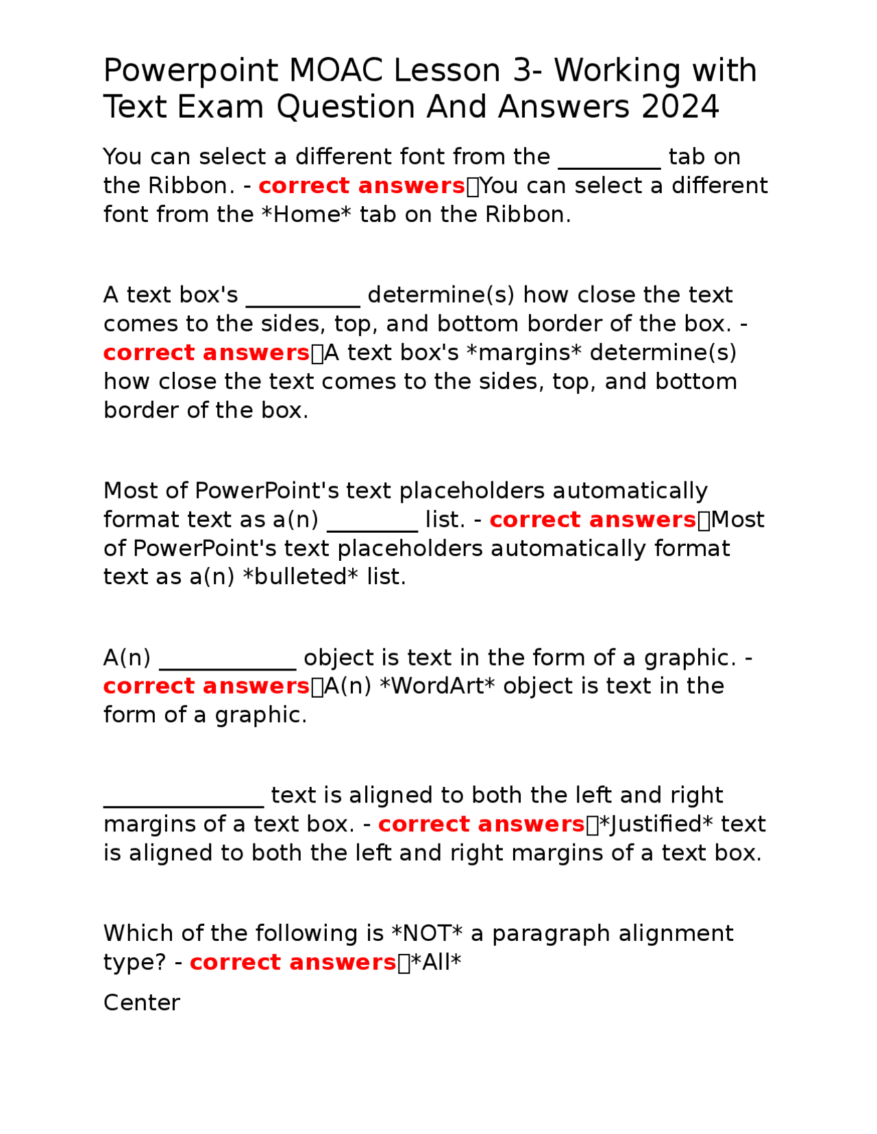 Powerpoint MOAC Lesson 3- Working with Text Exam Question And Answers ...