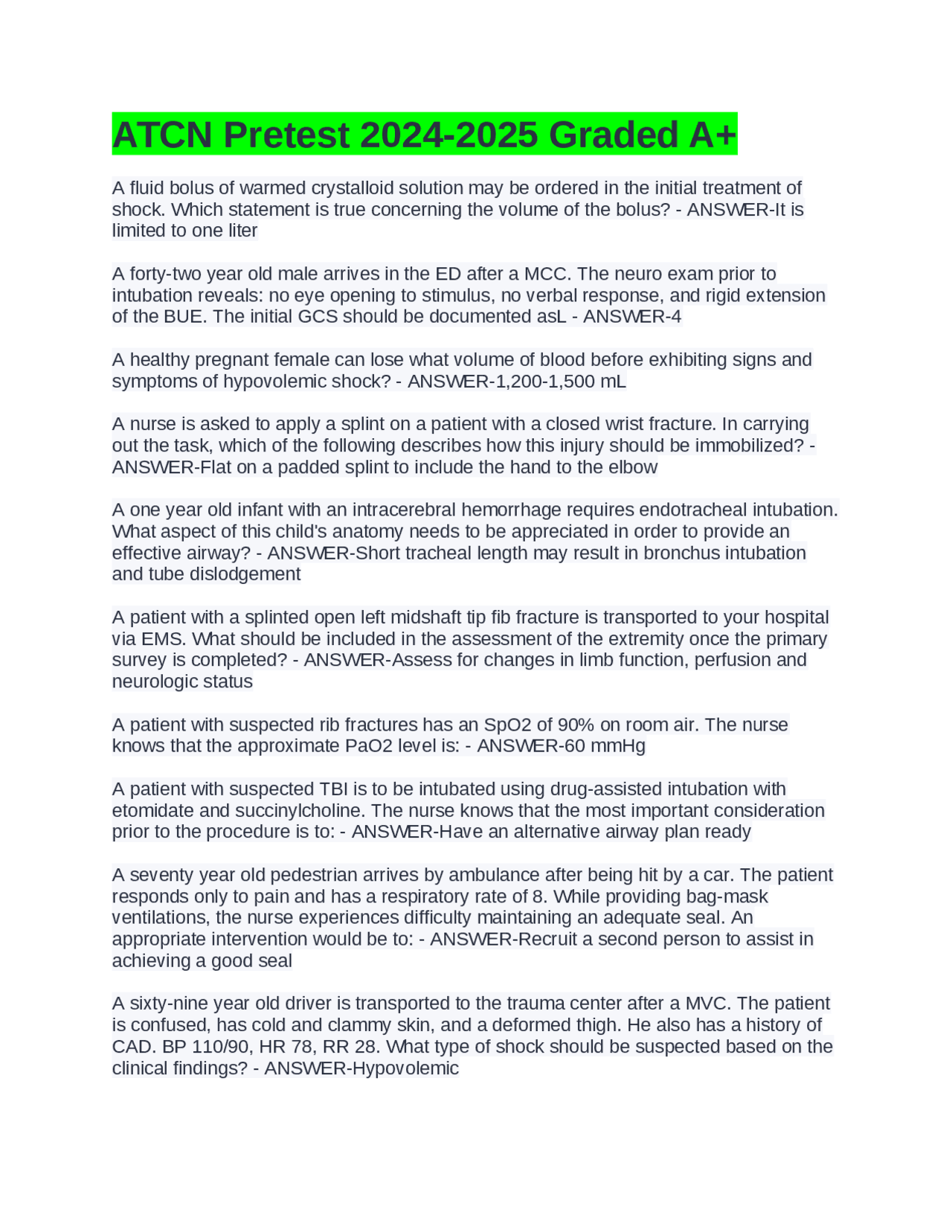 ATCN Pretest 2024-2025 Graded A+ | Exams Nursing | Docsity