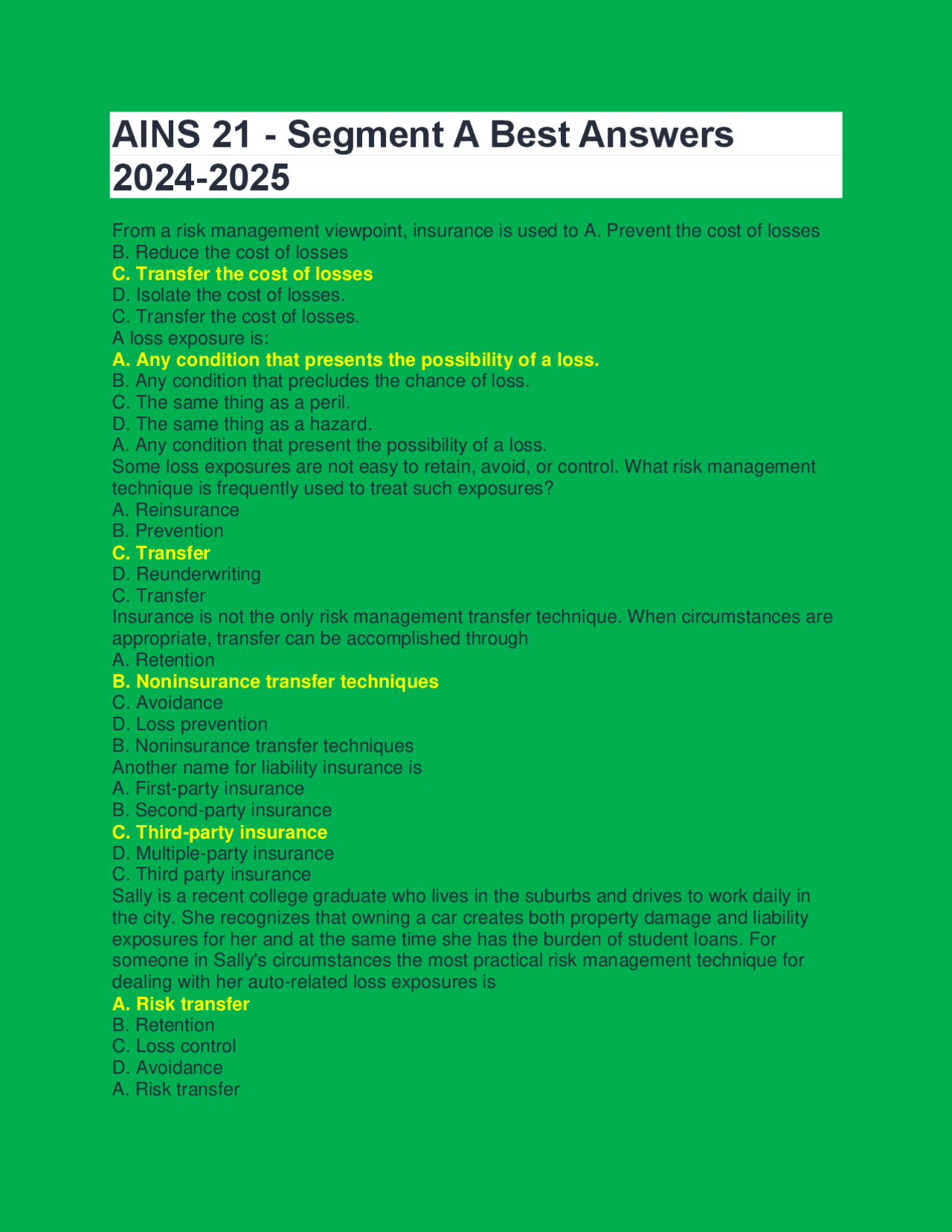 AINS 21 - Segment A Best Answers 2024-2025 | Exams Business Economics | Docsity