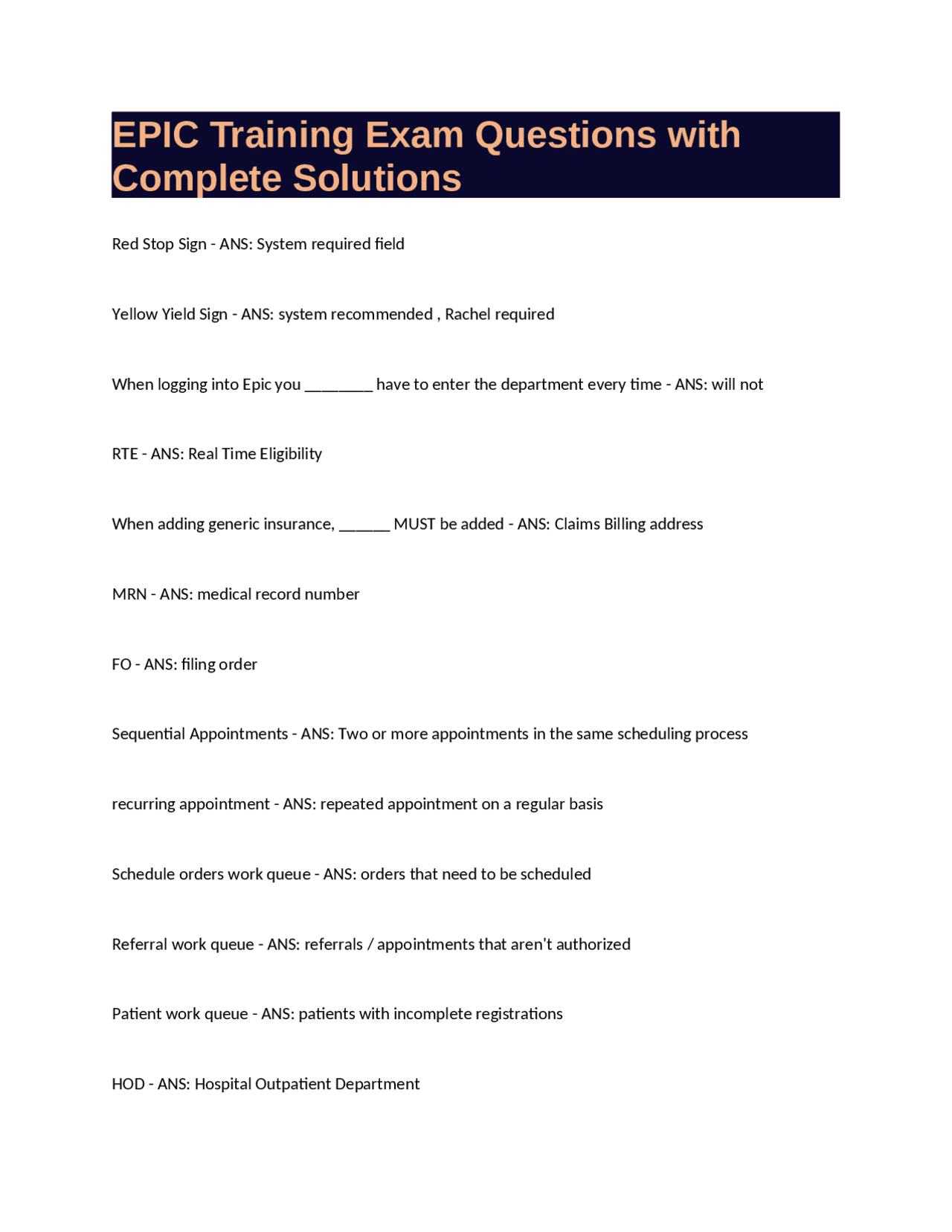 EPIC Training Exam Questions with Complete Solutions | Exams Nursing ...