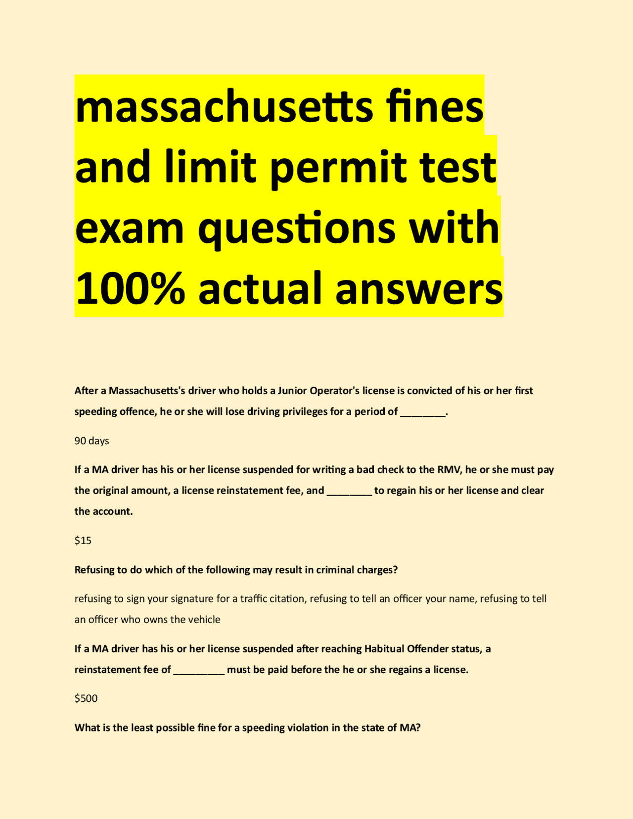 massachusetts fines and limit permit test exam questions with 100% ...