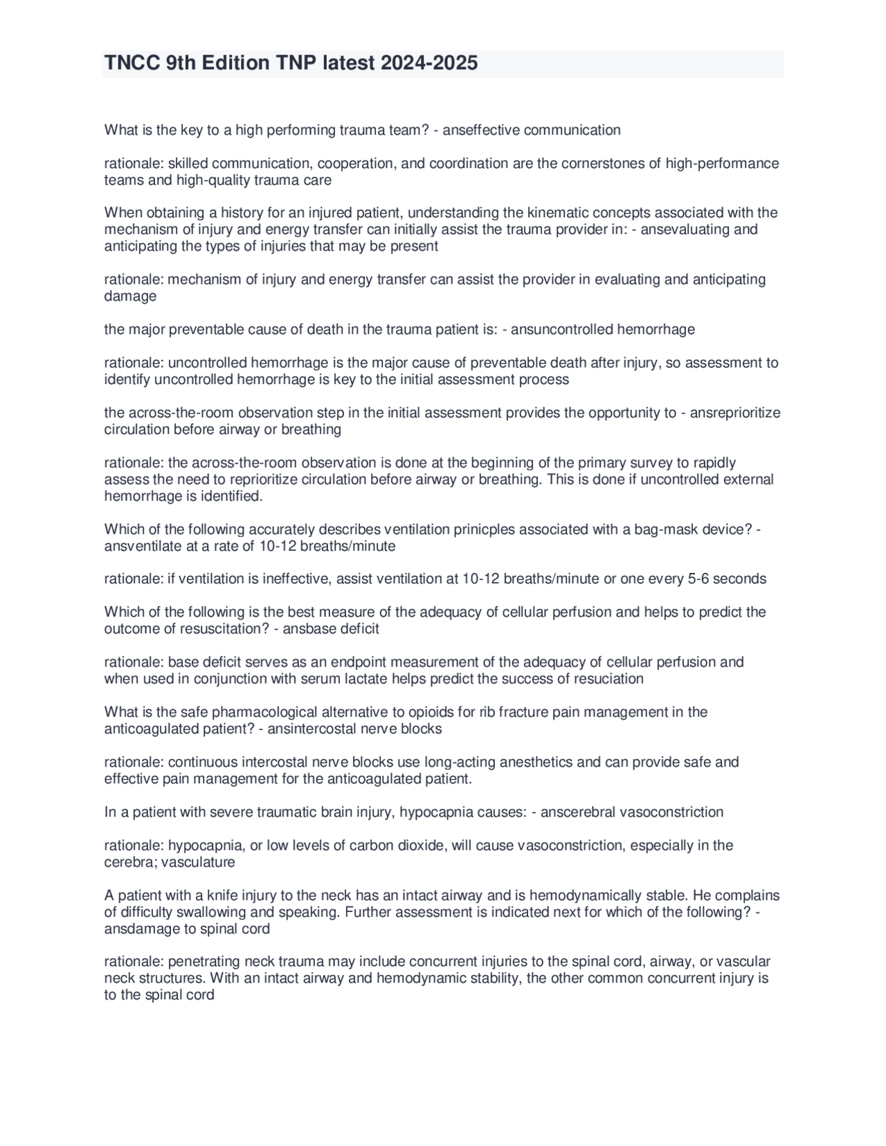 TNCC 9th Edition TNP latest 2024-2025.pdf | Exams Nursing | Docsity