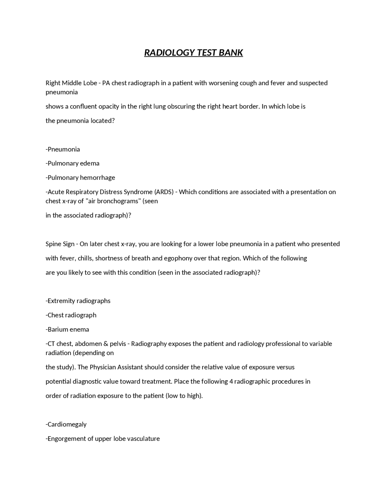 RADIOLOGY TEST BANK STUDY GUIDE | Exams Advanced Education | Docsity