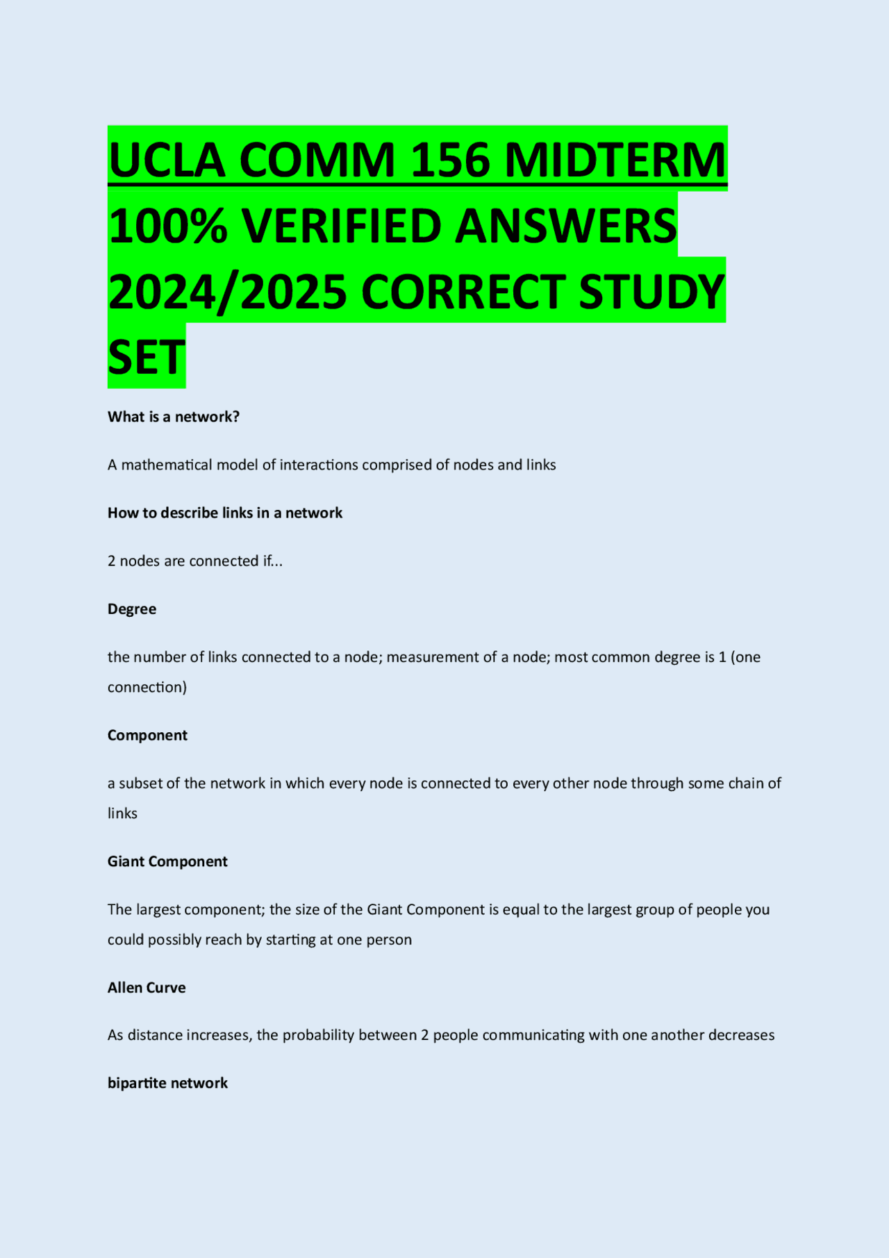 UCLA COMM 156 MIDTERM 100% VERIFIED ANSWERS 2024/2025 CORRECT STUDY SET | Exams Organization and ...