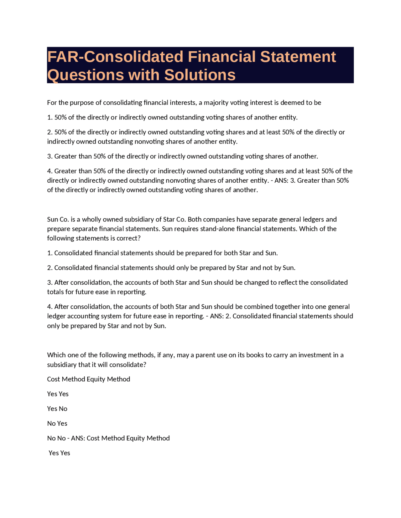 FAR-Consolidated Financial Statement Questions with Solutions | Exams ...