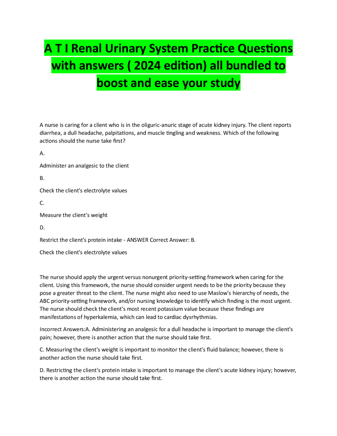 A T I Renal Urinary System Practice Questions with answers ( 2024 ...