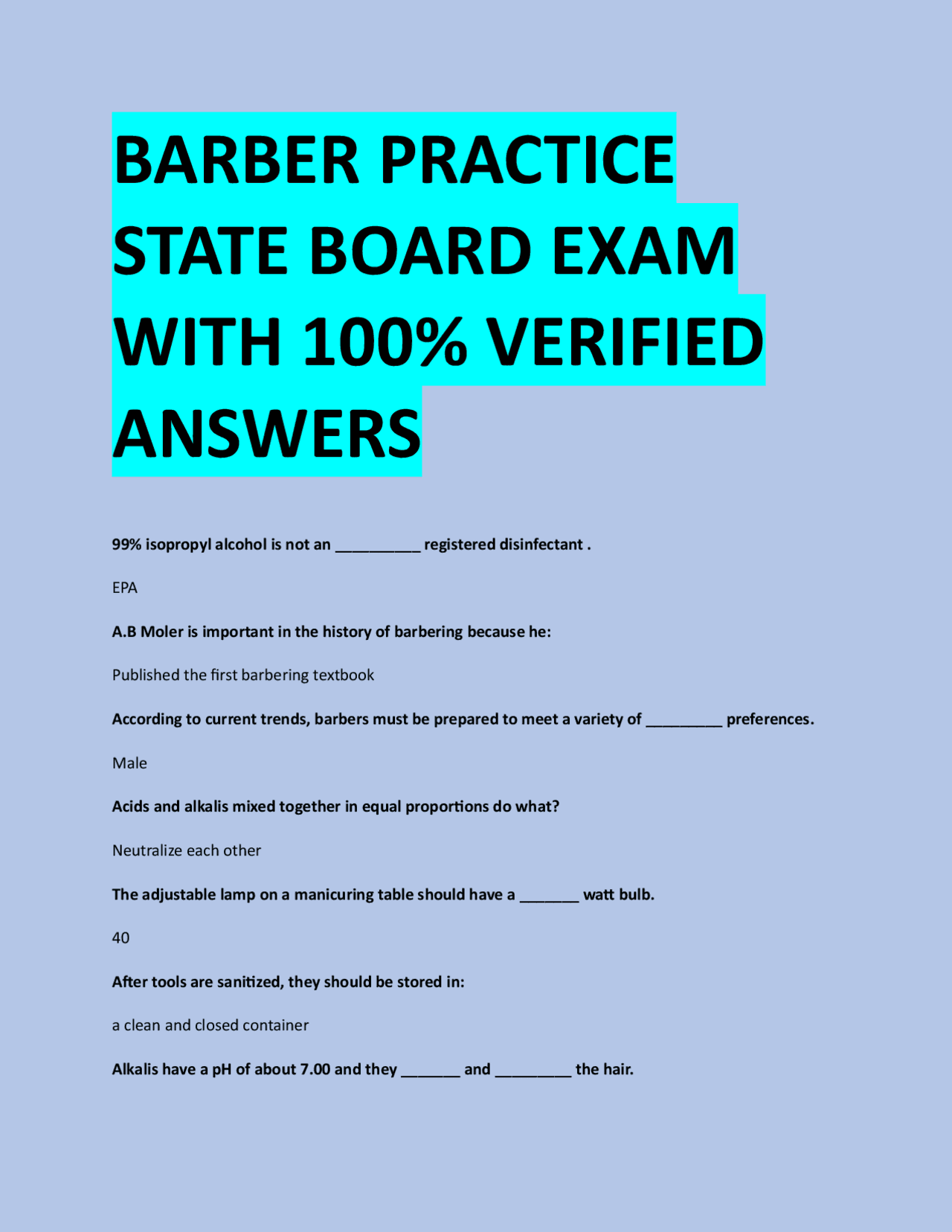 BARBER PRACTICE STATE BOARD EXAM WITH 100% VERIFIED ANSWERS | Exams ...