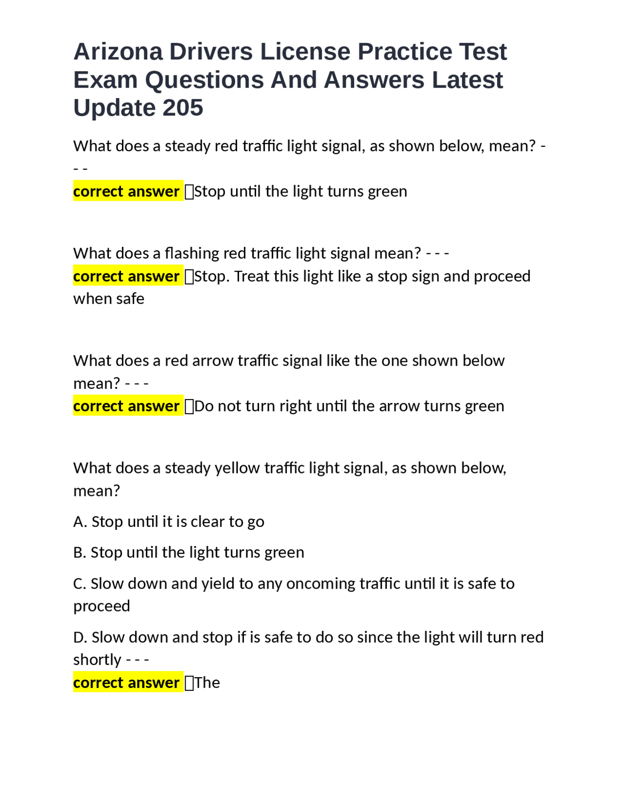 Arizona Drivers License Practice Test Exam Questions And Answers Latest ...
