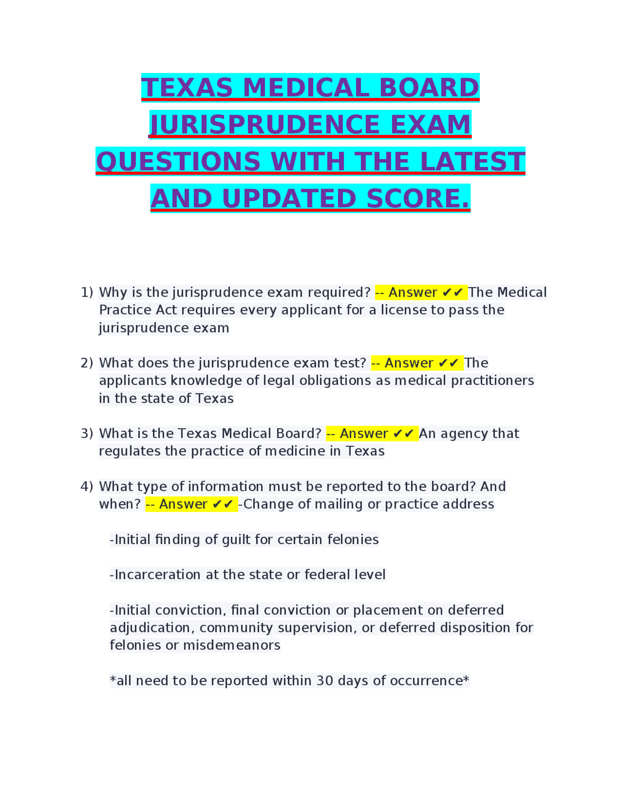 TEXAS MEDICAL BOARD JURISPRUDENCE EXAM QUESTIONS WITH THE LATEST AND ...