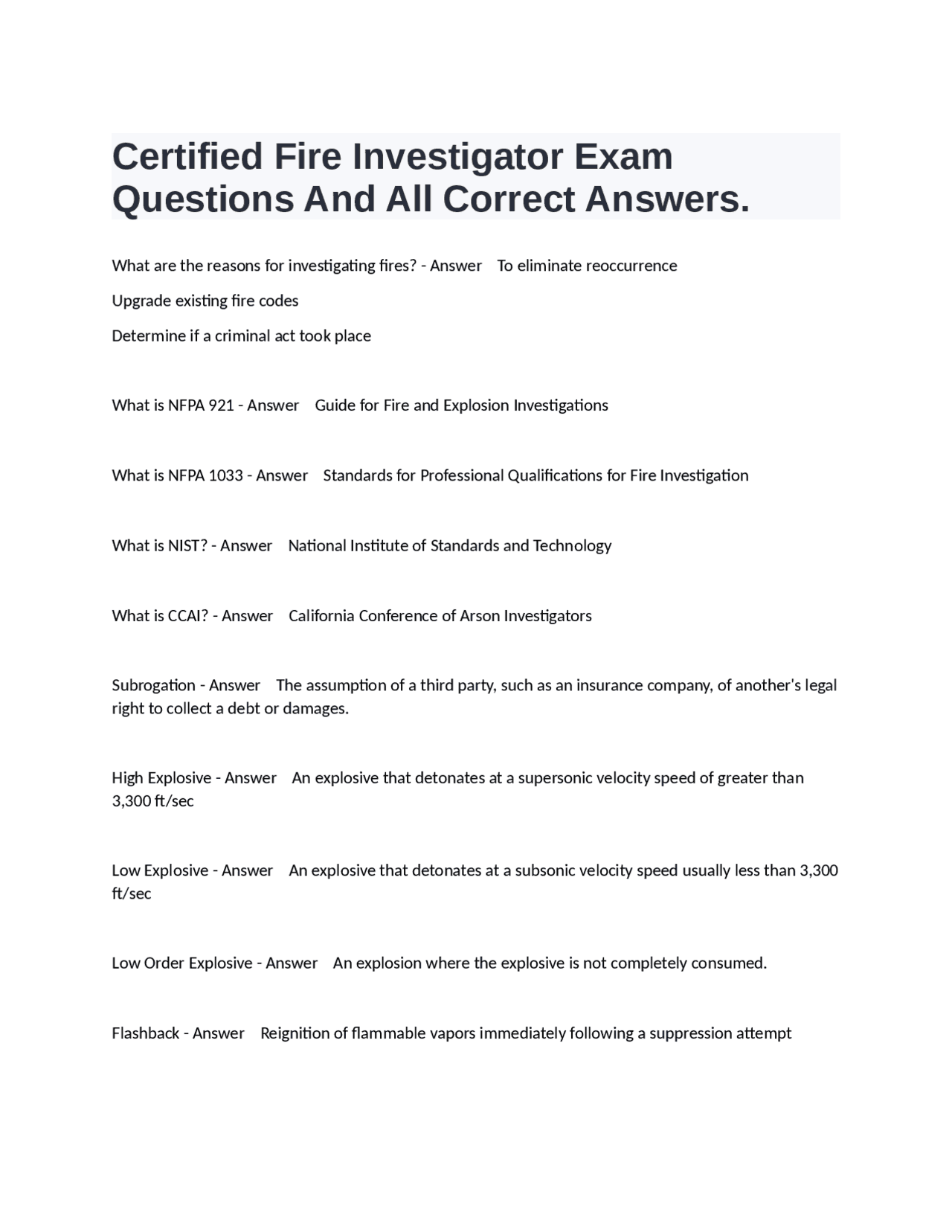 Certified Fire Investigator Exam Questions and Answers | Exams Safety ...
