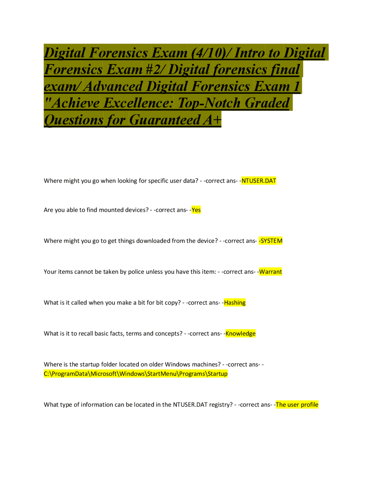 Digital Forensics Exam Questions and Answers | Exams Forensics | Docsity