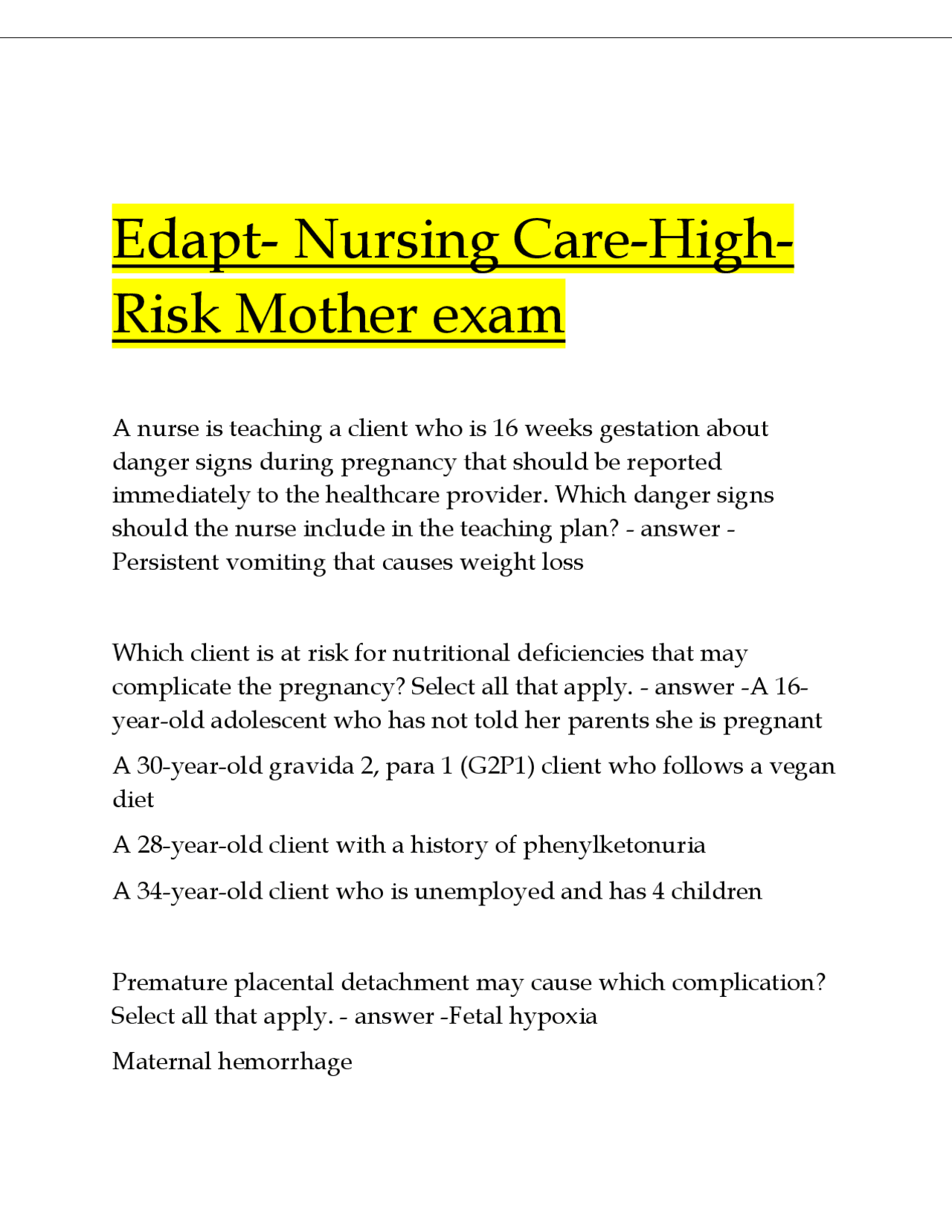 Edapt- Nursing Care-High-Risk Mother exam .pdf | Exams Nursing | Docsity