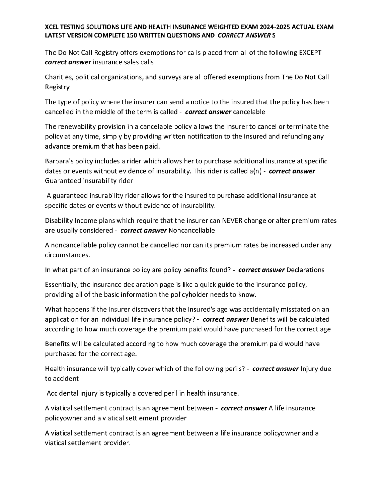 XCEL TESTING SOLUTIONS LIFE AND HEALTH INSURANCE WEIGHTED EXAM 2024 ...