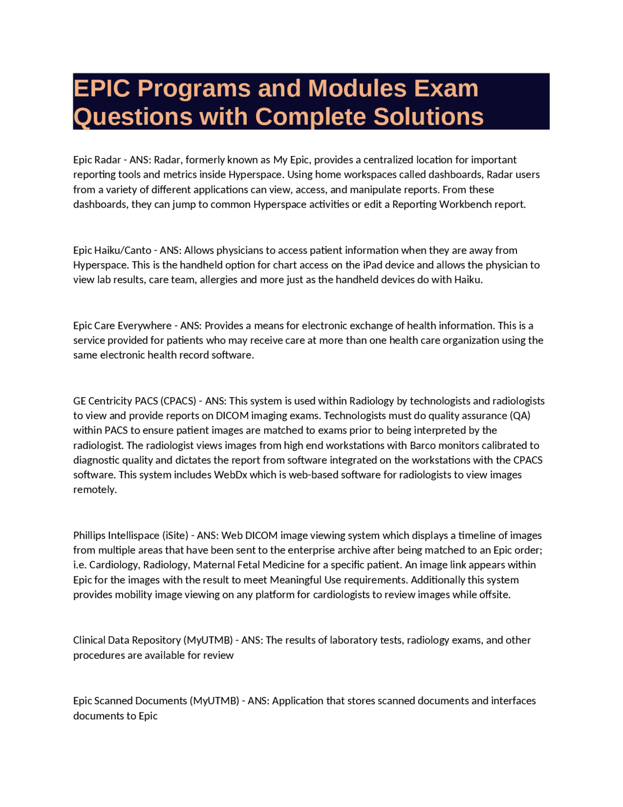 EPIC Programs and Modules Exam Questions with Complete Solutions ...