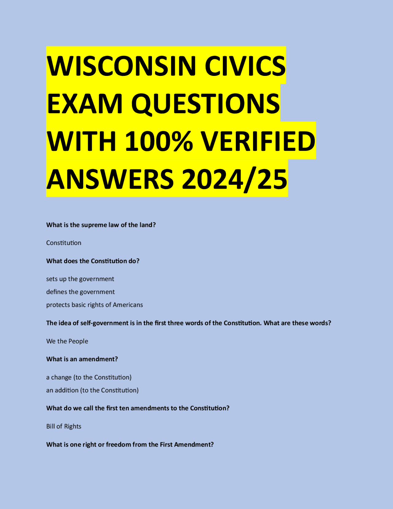 WISCONSIN CIVICS EXAM QUESTIONS WITH 100% VERIFIED ANSWERS 2024/25 ...