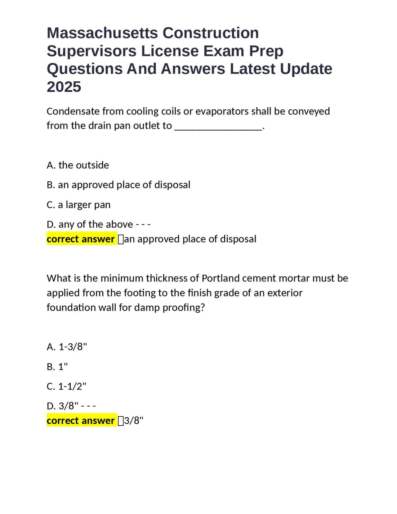 Massachusetts Construction Supervisors License Exam Prep Questions And ...