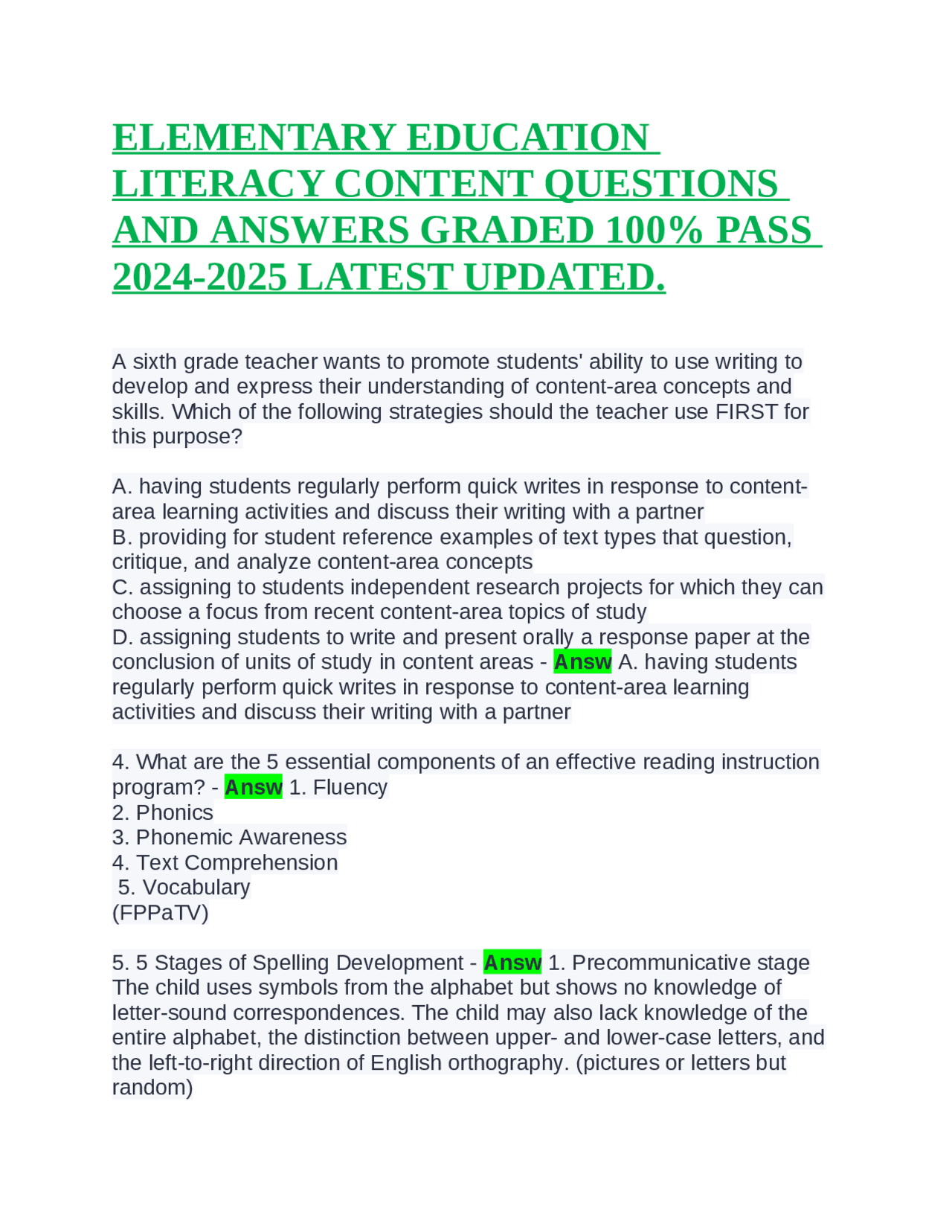 ELEMENTARY EDUCATION LITERACY CONTENT QUESTIONS AND ANSWERS GRADED 100% ...