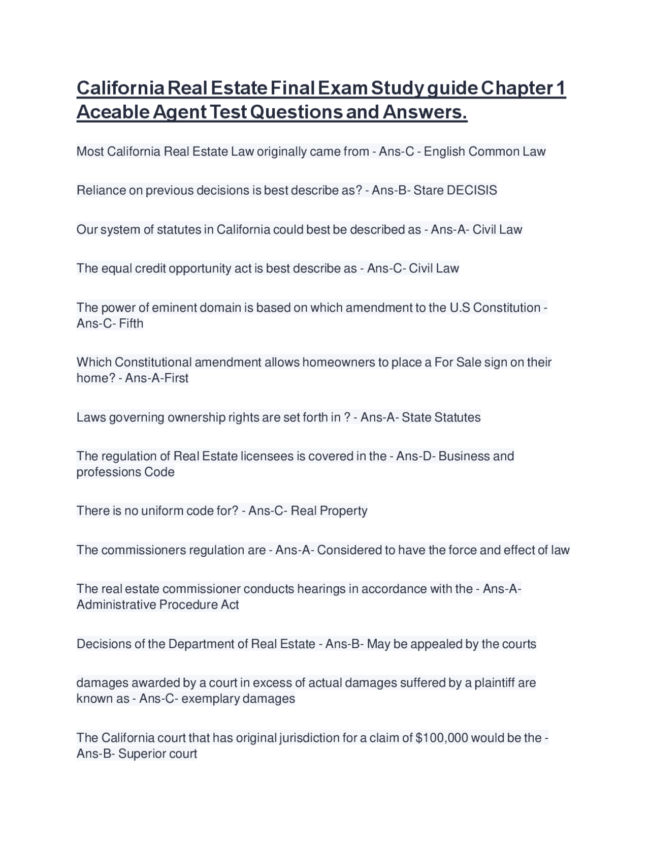 California Real Estate Final Exam Study guide Chapter 1 Aceable Agent ...