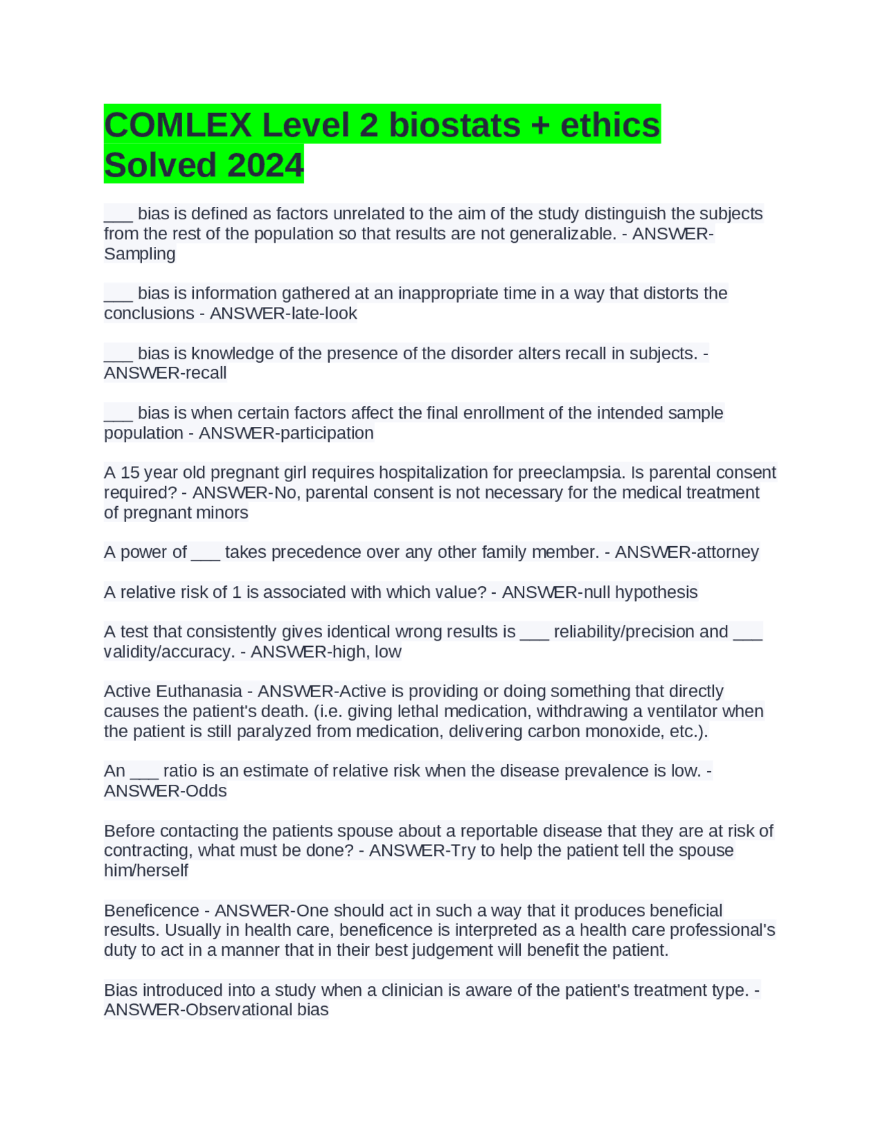 COMLEX Level 2 biostats + ethics Solved 2024. | Exams Medicine | Docsity