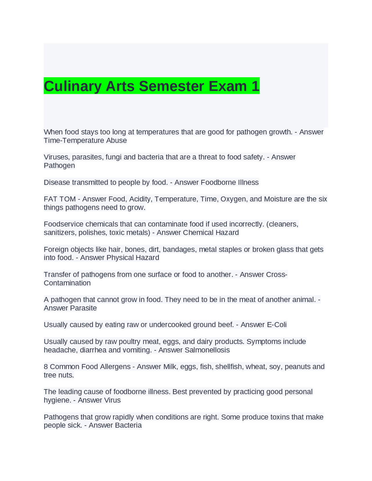 Culinary Arts Semester Exam 1 Questions and Answers | Exams Advanced ...