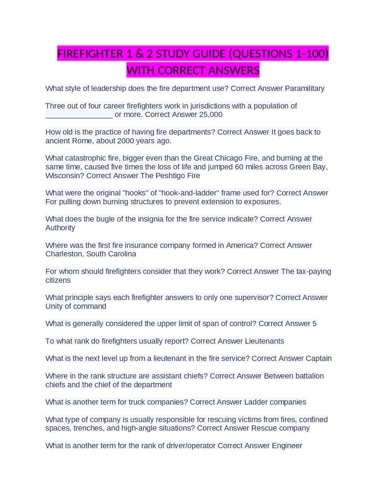 FIREFIGHTER 1 & 2 STUDY GUIDE (QUESTIONS 1-100) WITH CORRECT ANSWERS | Exams Nursing | Docsity