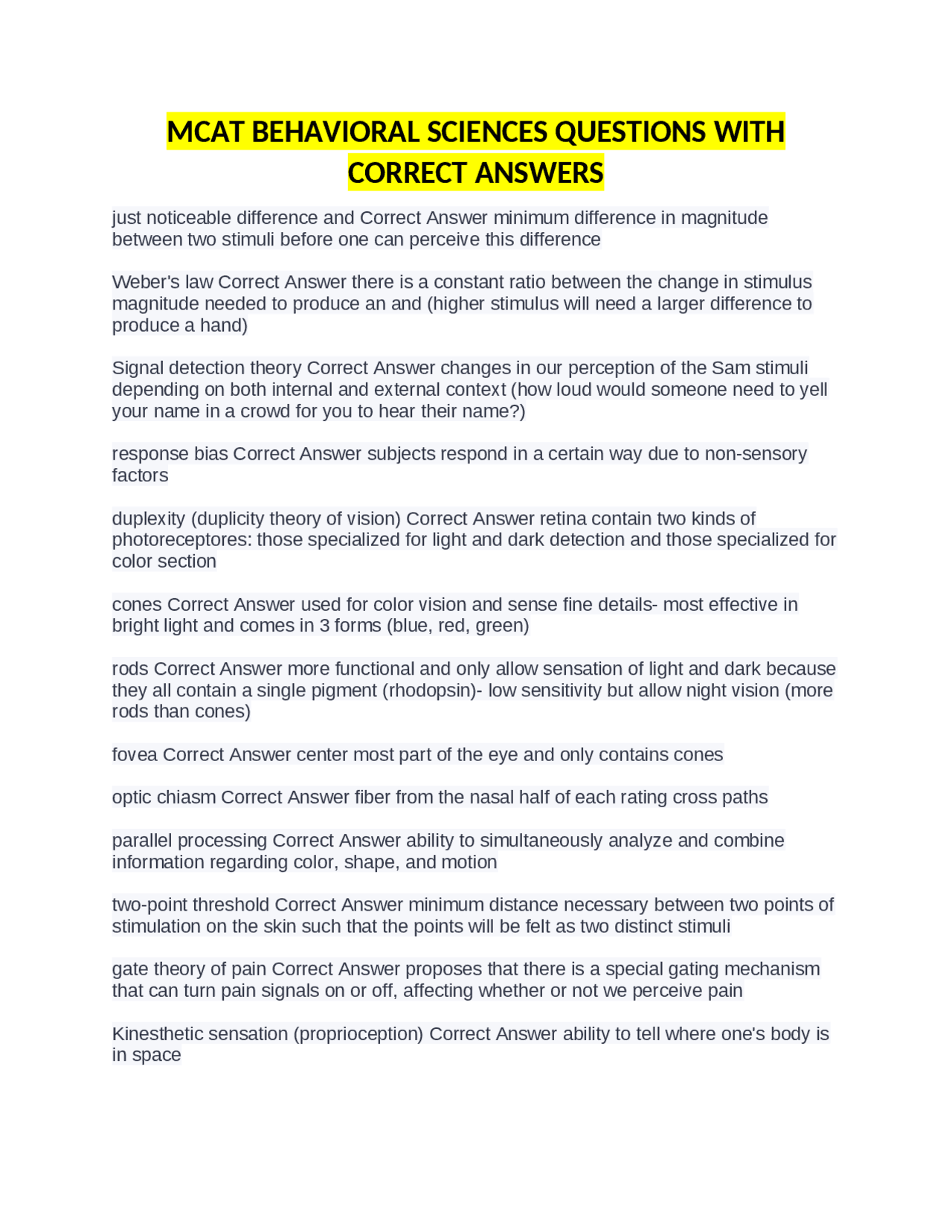 MCAT BEHAVIORAL SCIENCES QUESTIONS WITH CORRECT ANSWERS | Exams Nursing ...