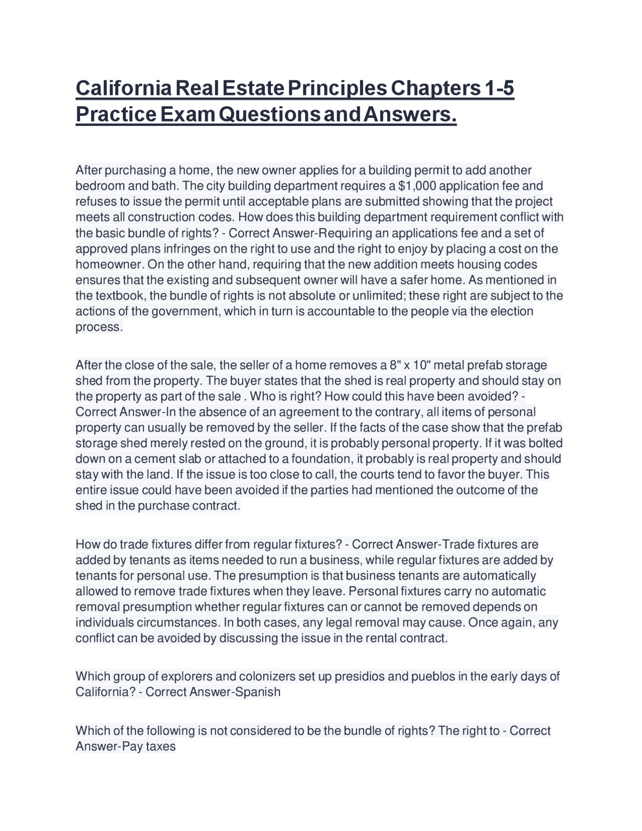California Real Estate Principles Chapters 1-5 Practice Exam Questions ...