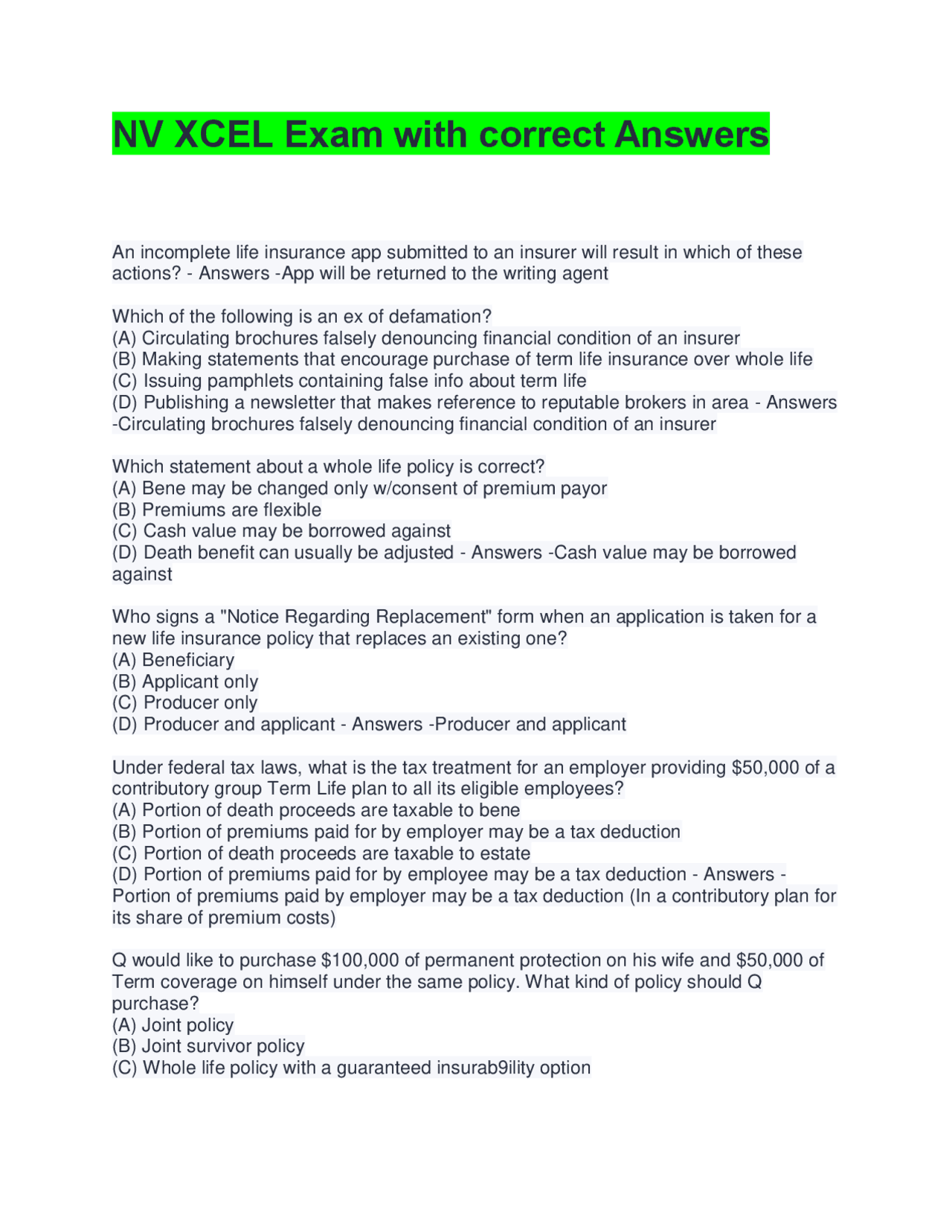 NV XCEL Exam with correct Answers | Exams Advanced Education | Docsity