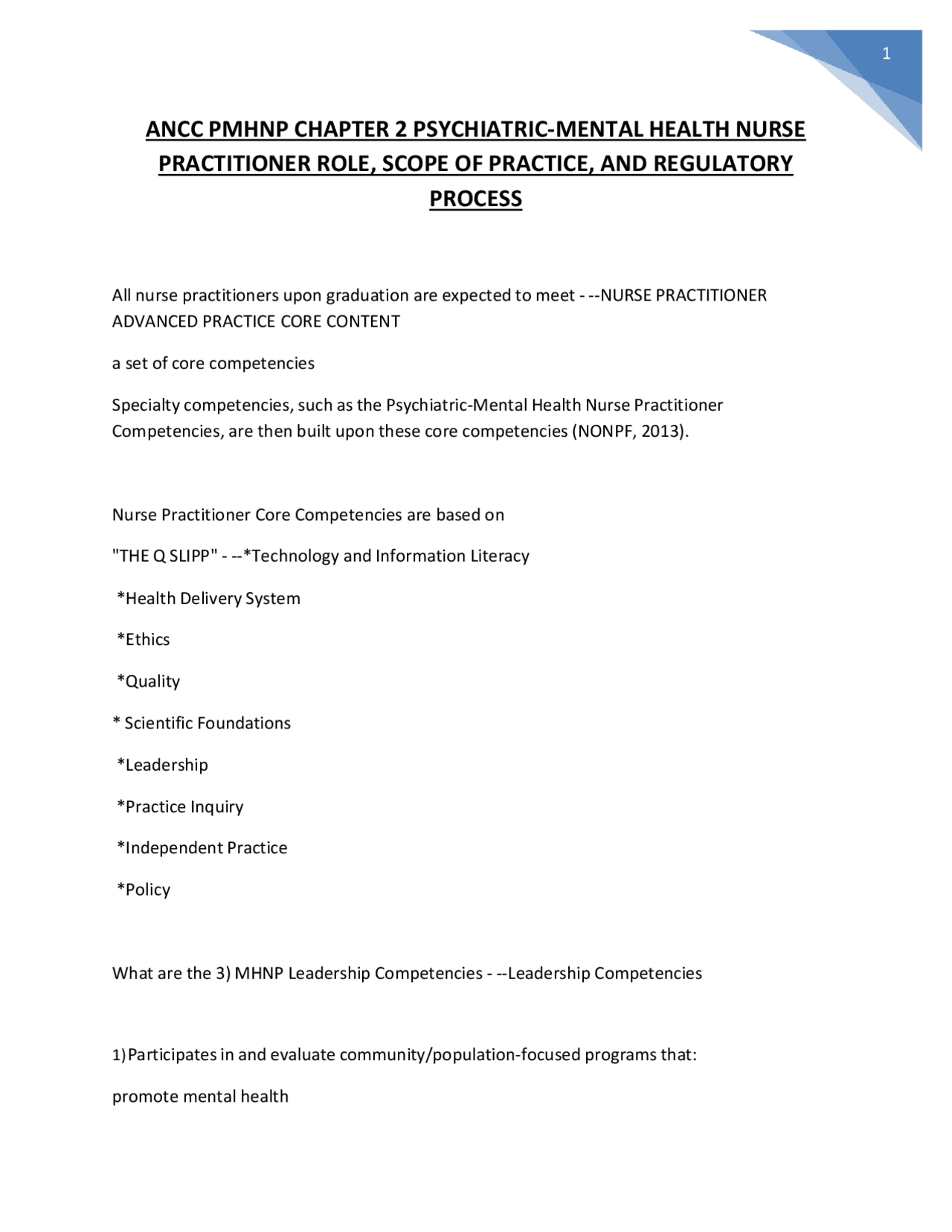 PMHNP Role, Scope, and Regulatory Process | Exams Nursing | Docsity