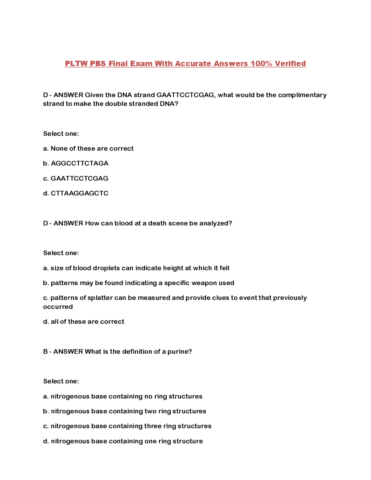 PLTW PBS Final Exam With Accurate Answers 100% Verified | Exams Nursing ...