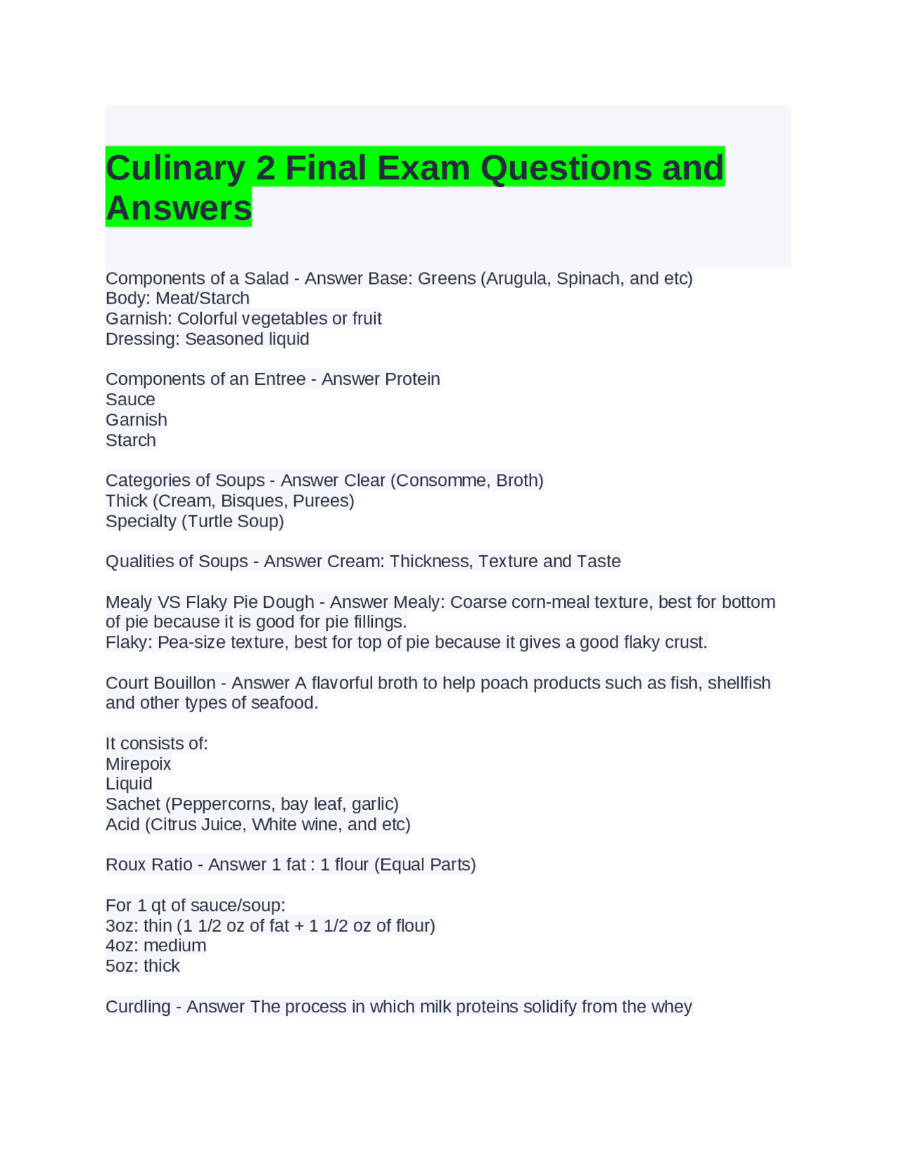 Culinary 2 Final Exam Questions and Answers | Exams Advanced Education ...