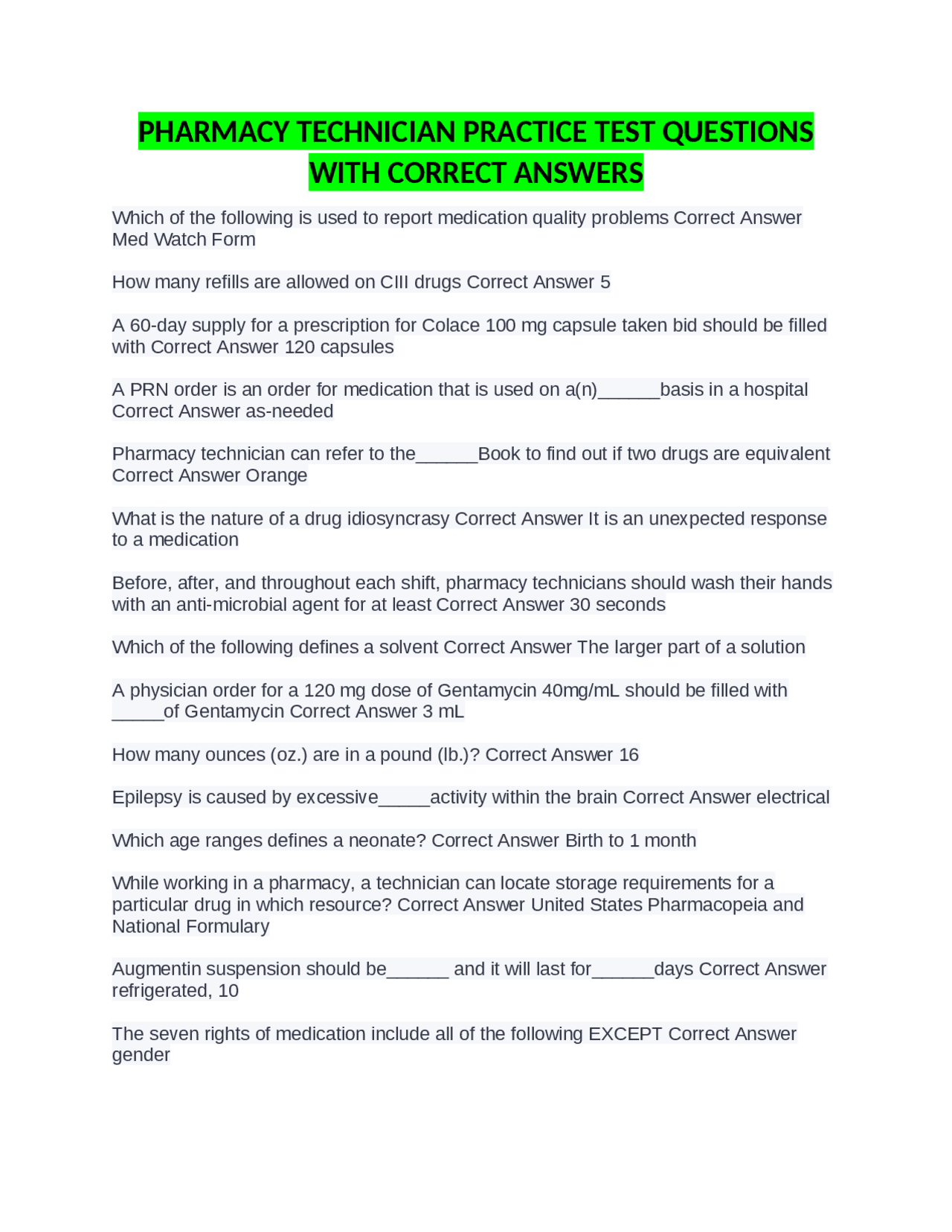 PHARMACY TECHNICIAN PRACTICE TEST QUESTIONS WITH CORRECT ANSWERS ...