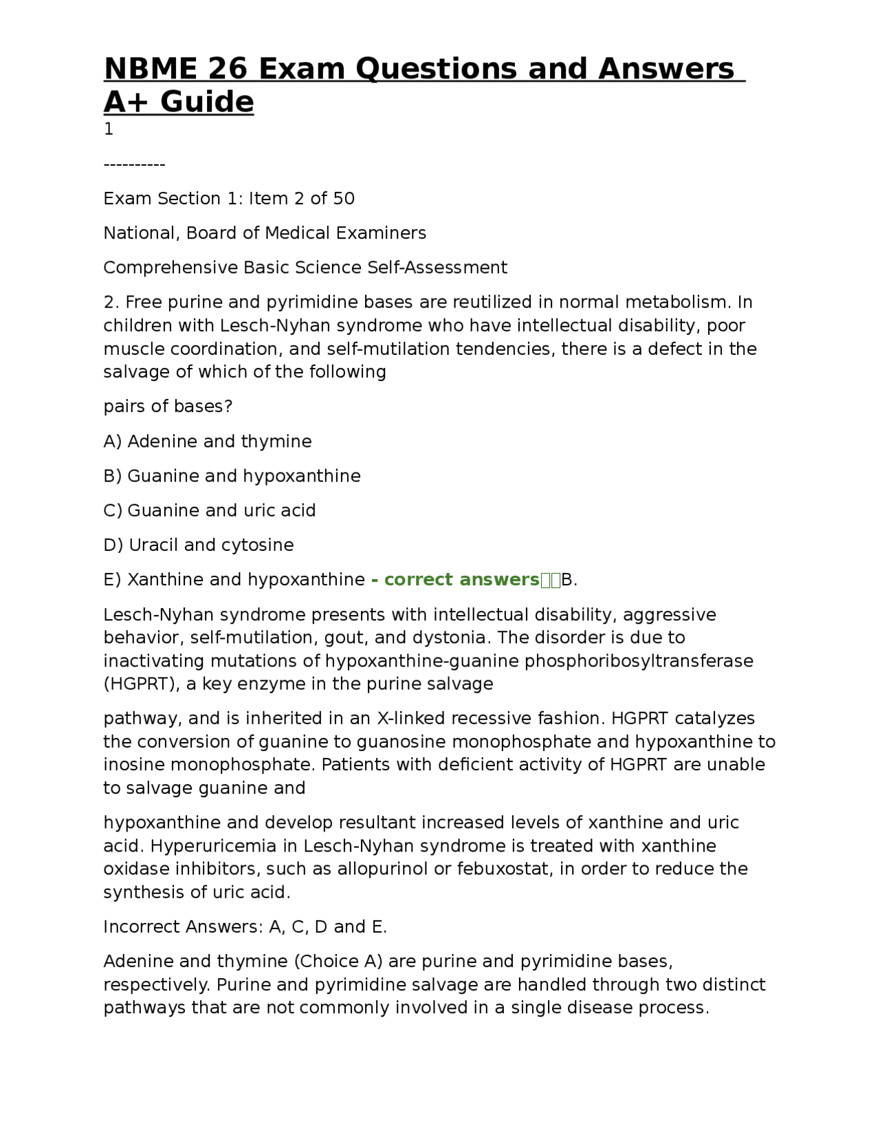 NBME 26 Exam Questions and Answers A+ Guide | Exams Nursing | Docsity